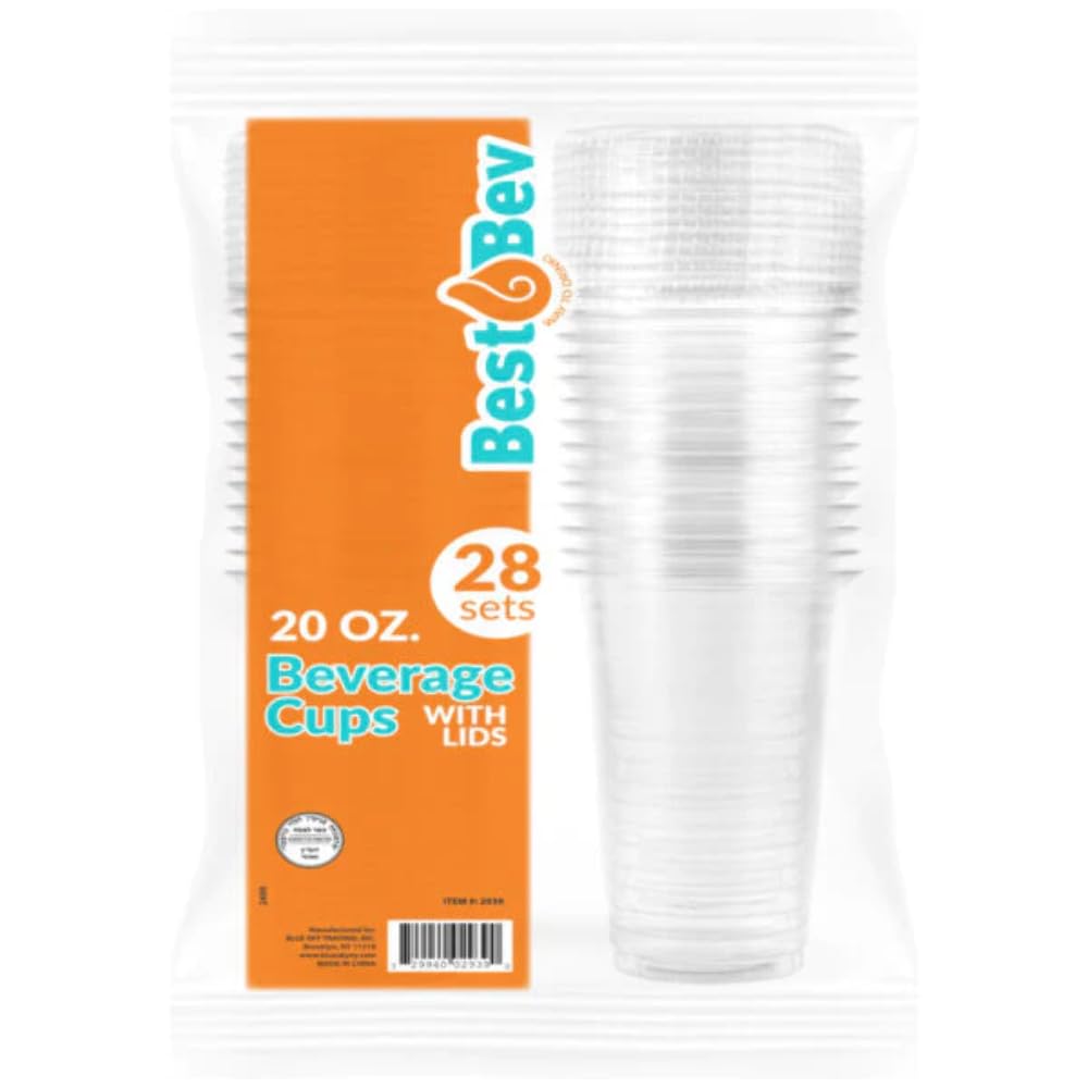 [20 oz 28 Sets] Clear Plastic Cups with Flat Straw Slotted Lids, 28 ct., Disposable and Recyclable Drinkware for Iced Coffee, Smoothies, Water, or Desserts, Large BPA Free Drinking Use 20 Oz