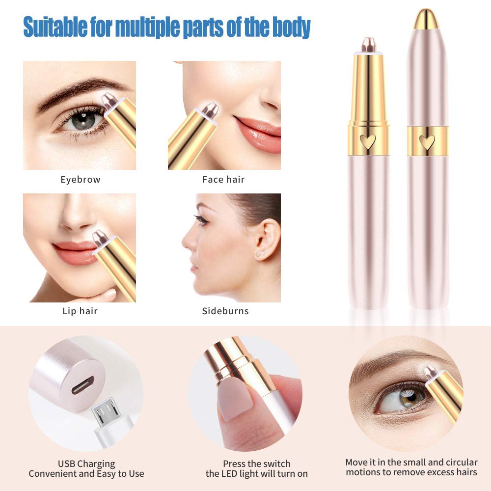 [2021 NEW] Eyebrow Remover by CELESTIOR and Stylish Design Electric Eyebrow Razor and Cleaning Kit with Light and USB Charger for Painless Brow Trimming (Ruby/Gold)