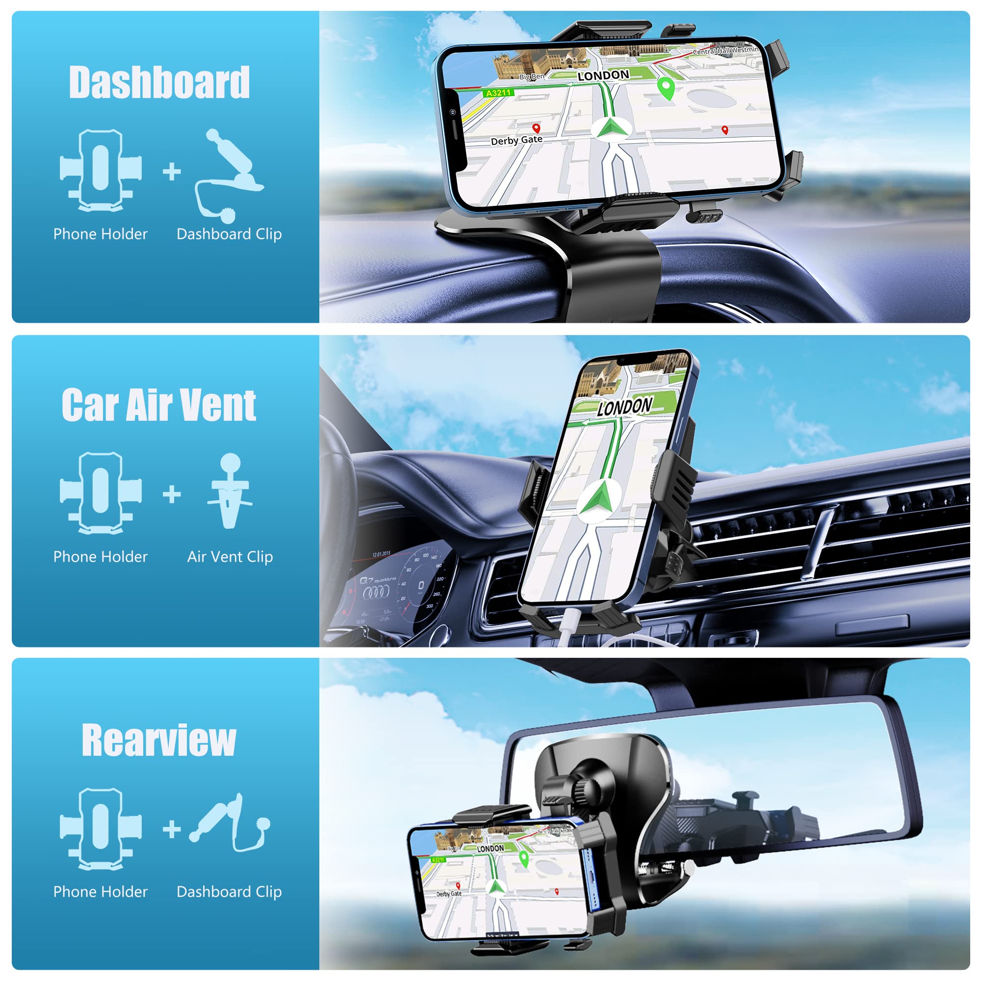 [2023 Upgraded] Phone Mount for Car Dashboard & Air Vent, 1200 Degree Rotation Car Phone Holder Mount with 3M Adhesive[Multi-Angles&Stable], Cell Phone Holder Car for iPhone Samsung All Smartphone