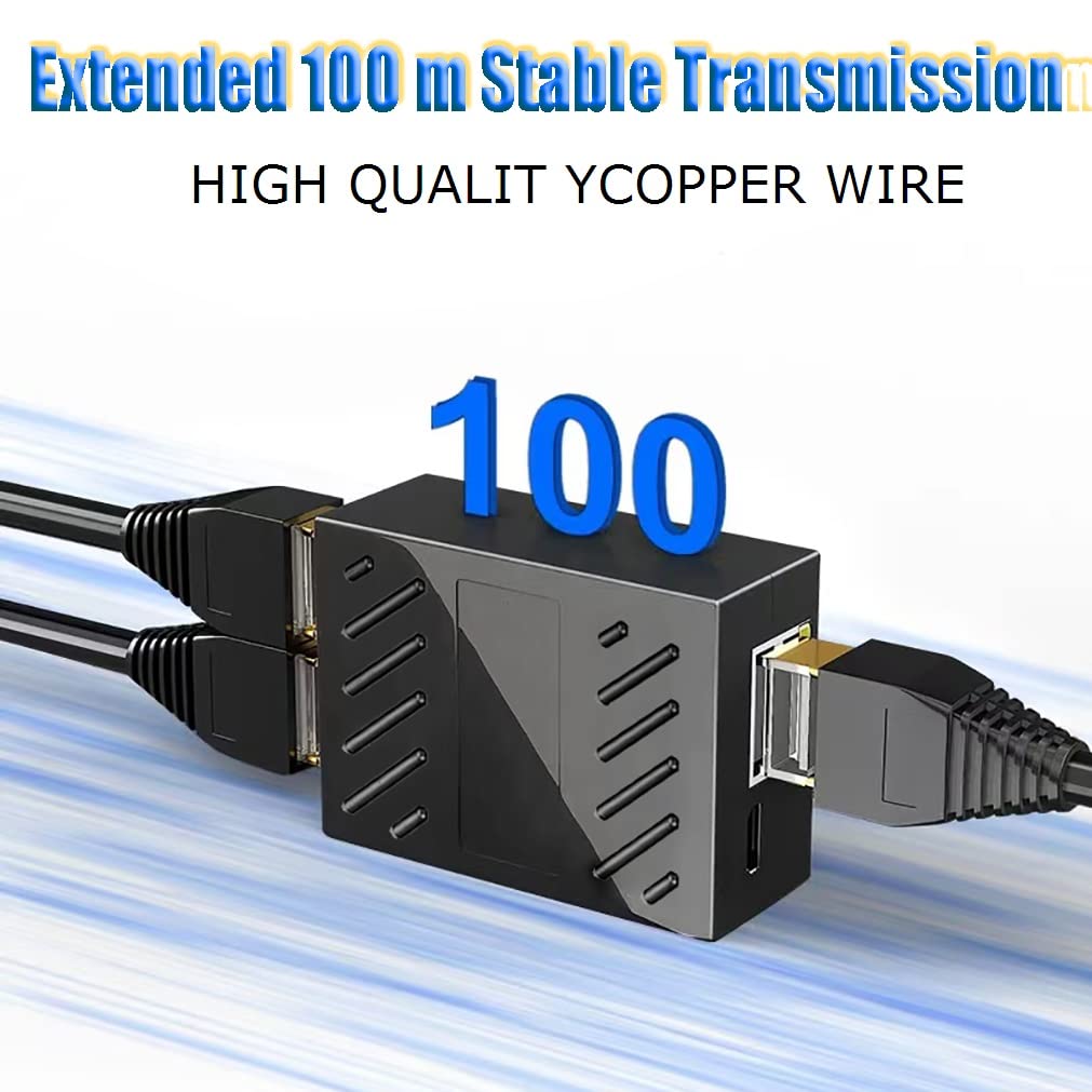[2 Devices Simultaneous Networking] Ethernet Splitter 1 to 2 RJ45 Extender, Network Switch Converter with 3.3FT USB Charing Cable, Suitable for CAT 5/6/6E/7/8, Computer/Router/TV Box