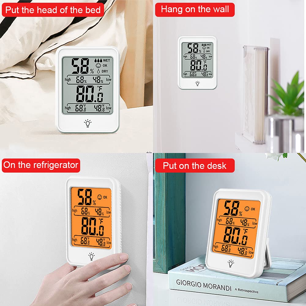 [2 Pack] TIQUS Hygrometer Humidity Gauge Indicator Digital Indoor Thermometer Room Temperature and Humidity Monitor with Touch Backlight White