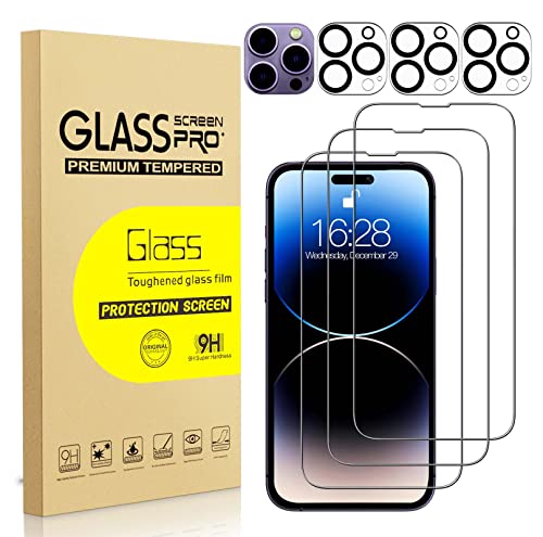 [3+3 Pack] Totexil Screen Protectors for iPhone 14 Pro 6.1 inch with Camera Lens Protectors, Ultra HD Screen Tempered Glass, Full Coverage, Scratch Resistant, 9H Hardness,Easy Install,Bubble Free