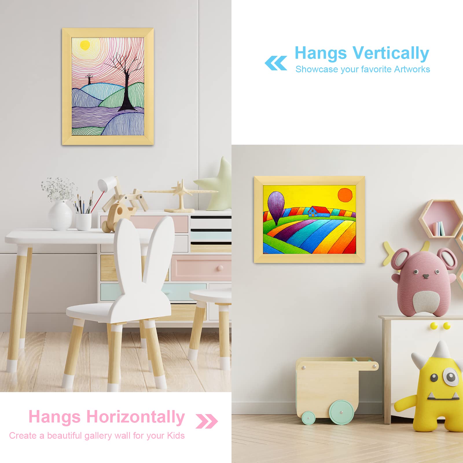 [2-Pack] Kids Art Frames, 8.5x11 Front Opening Kids Artwork Frames Changeable, Gold Artwork Display Storage Frame for Wall, Holds 50 Pcs, for 3D Picture, Crafts, Children Drawing, Hanging Art,