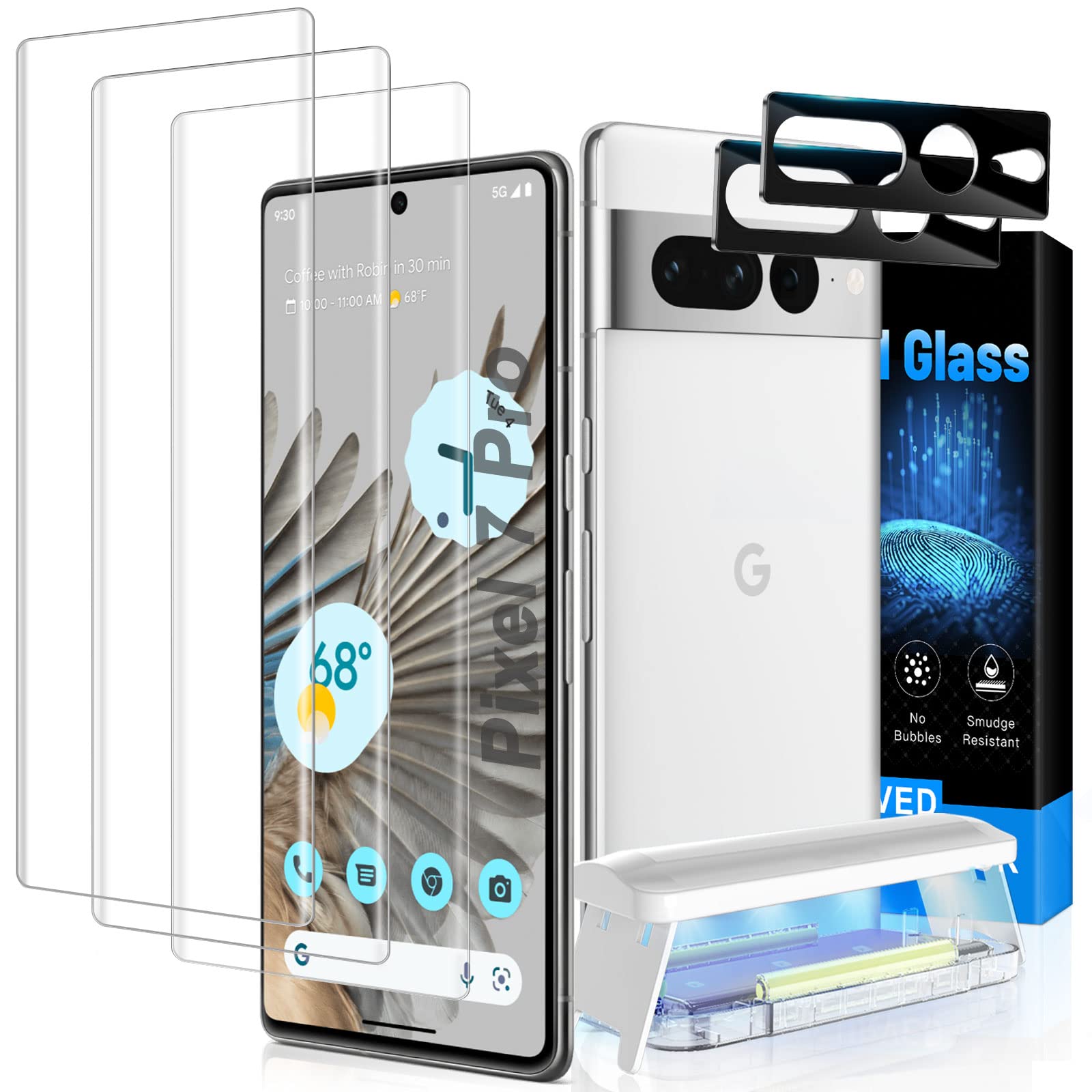 [3+2 Pack] for Google Pixel 7 Pro Screen Protector [Support Fingerprint Unlocking] 3x 3D Curved Tempered Glass and 2x Camera Lens Protector for Pixel 7 Pro 5G (2022)
