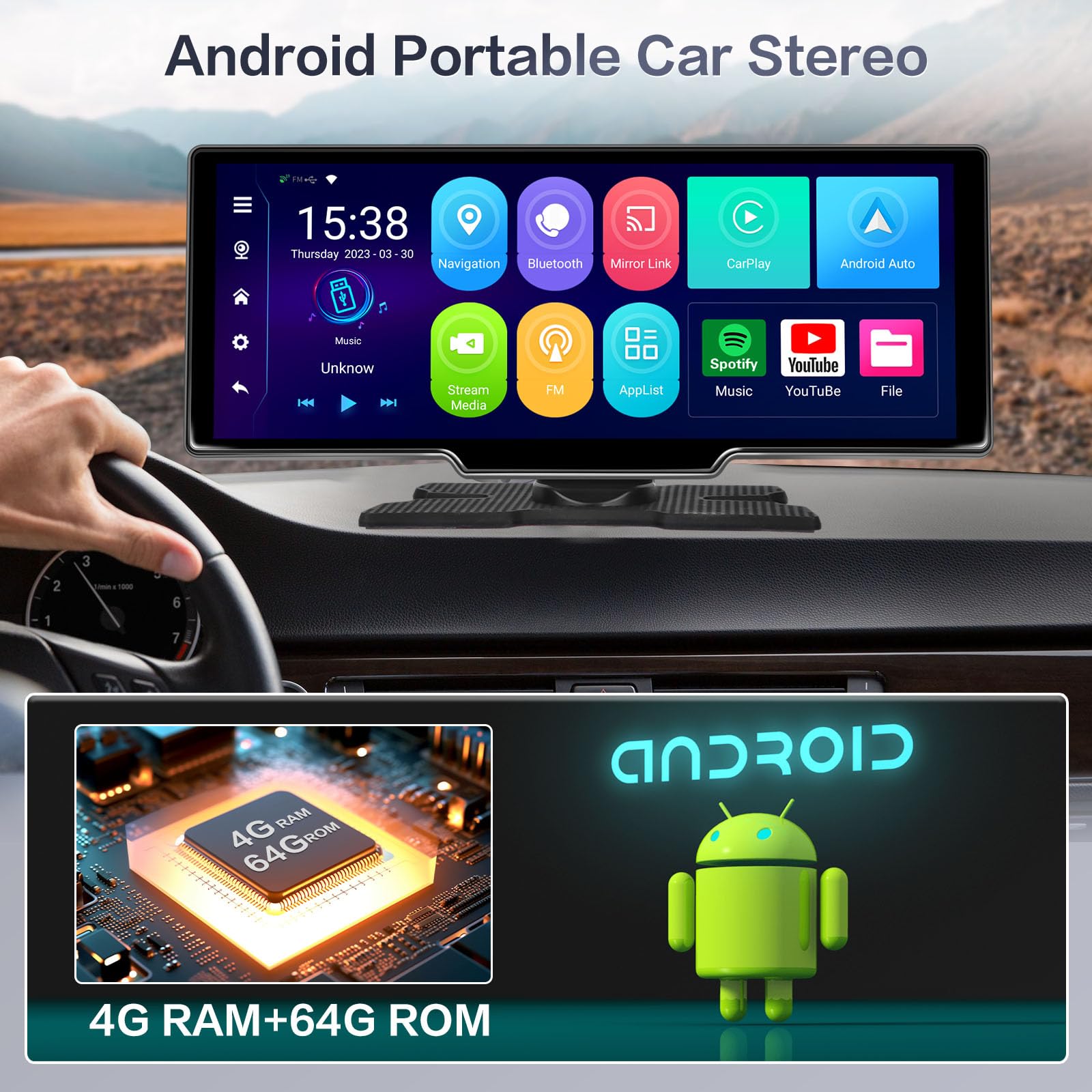 [4G+64G] Android 13 Car Stereo Portable Wireless Apple CarPlay & Android Auto Car Screen, 10.26 Inch HD Touchscreen Portable Car Radio with GPS Navigation WiFi Bluetooth Voice Control