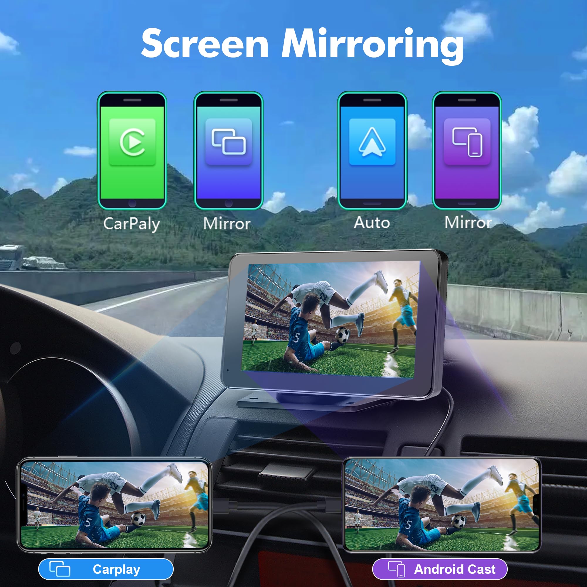 [2023 Upgrade] Portable Car Stereo with Wireless CarPlay and Android Auto,7" HD Portable Carplay Touch Screen Car Stereo, Multimedia Player with Mirror Link/GPS/Siri/Bluetooth Support Most car Models