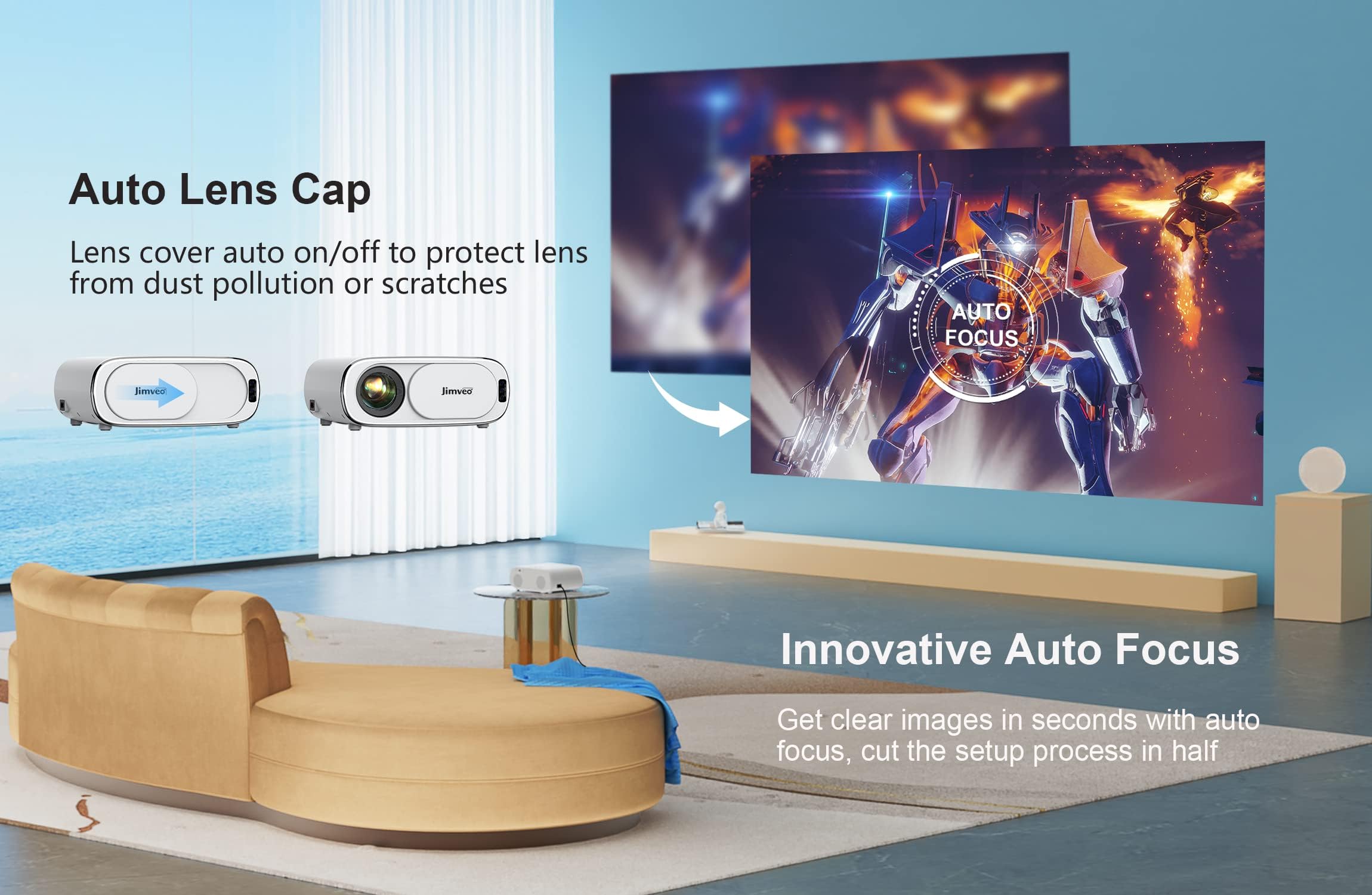 [Auto Focus+Auto Lens Cap] Projector with WiFi 6 and Bluetooth:500 ANSI 4K Projector Native 1080P Outdoor Projector, Auto 6D Keystone, 50% Zoom Home Theater Movie Projector for Phone/PC/TV Stick