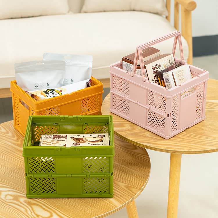 [2-Pack] Plastic Baskets for Shelf Storage Organizing, Durable and Reliable Portable Folding Storage Crate, Ideal for Home Kitchen Classroom and Office Organization, Bathroom Storage-Pink