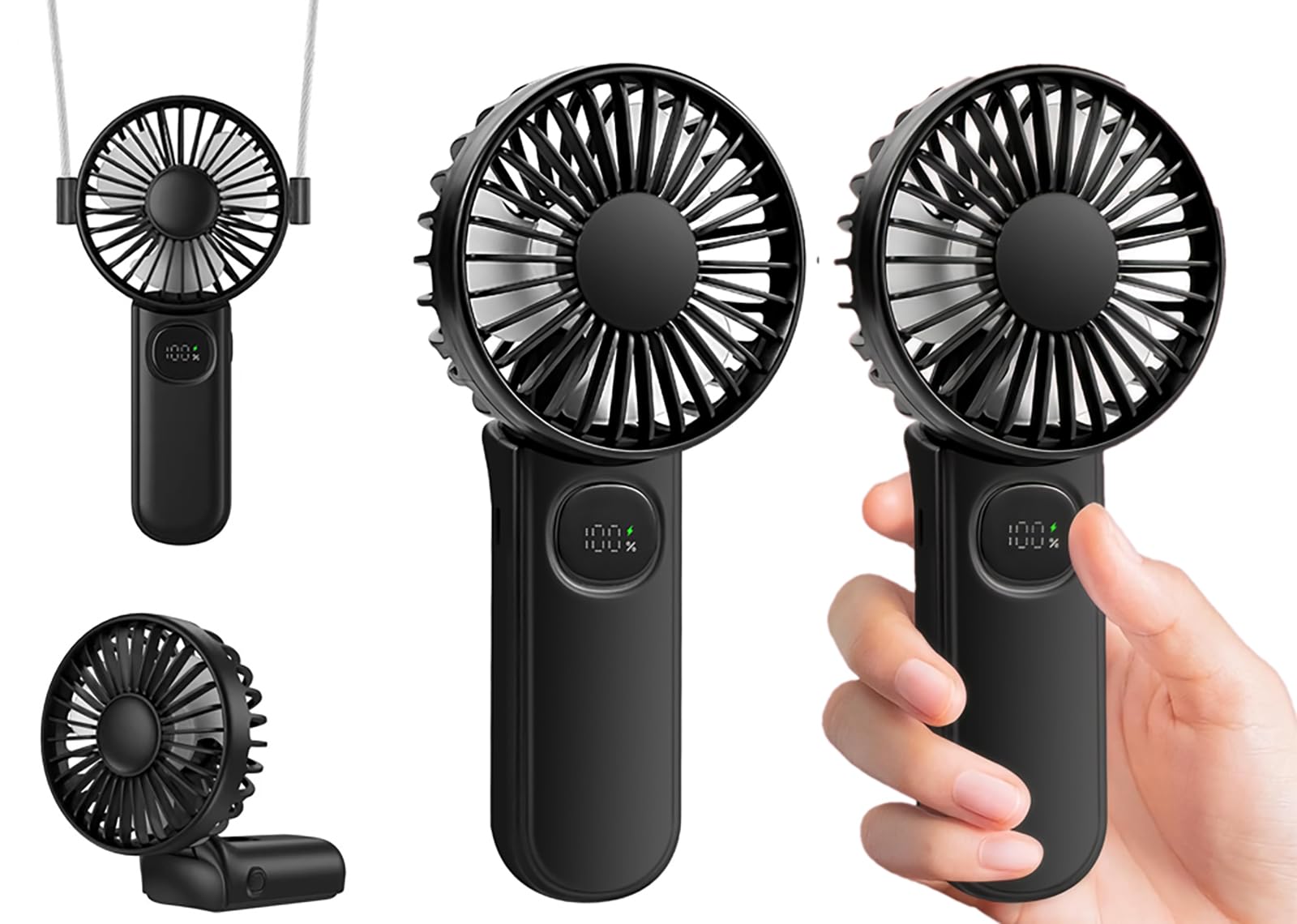 [2-packs Portable Handheld Fan] Personal Hand Held Fan for Travel, Foldable Eyelash Neck Fan with Digital Display, Lanyard, 5 Speeds, 180° Adjustable, 3-12h Working Time, Rechargeable Battery Operated