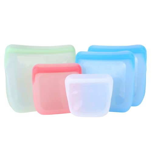 [5 Pack] Reusable Ziplock Bags Silicone Food Storage Containers | Microwave, Freezer & Dishwasher Safe | Meal Prep Containers Reusable Kitchen Locking Leak Proof Sealing Kitchen Gadgets (Multicolor)