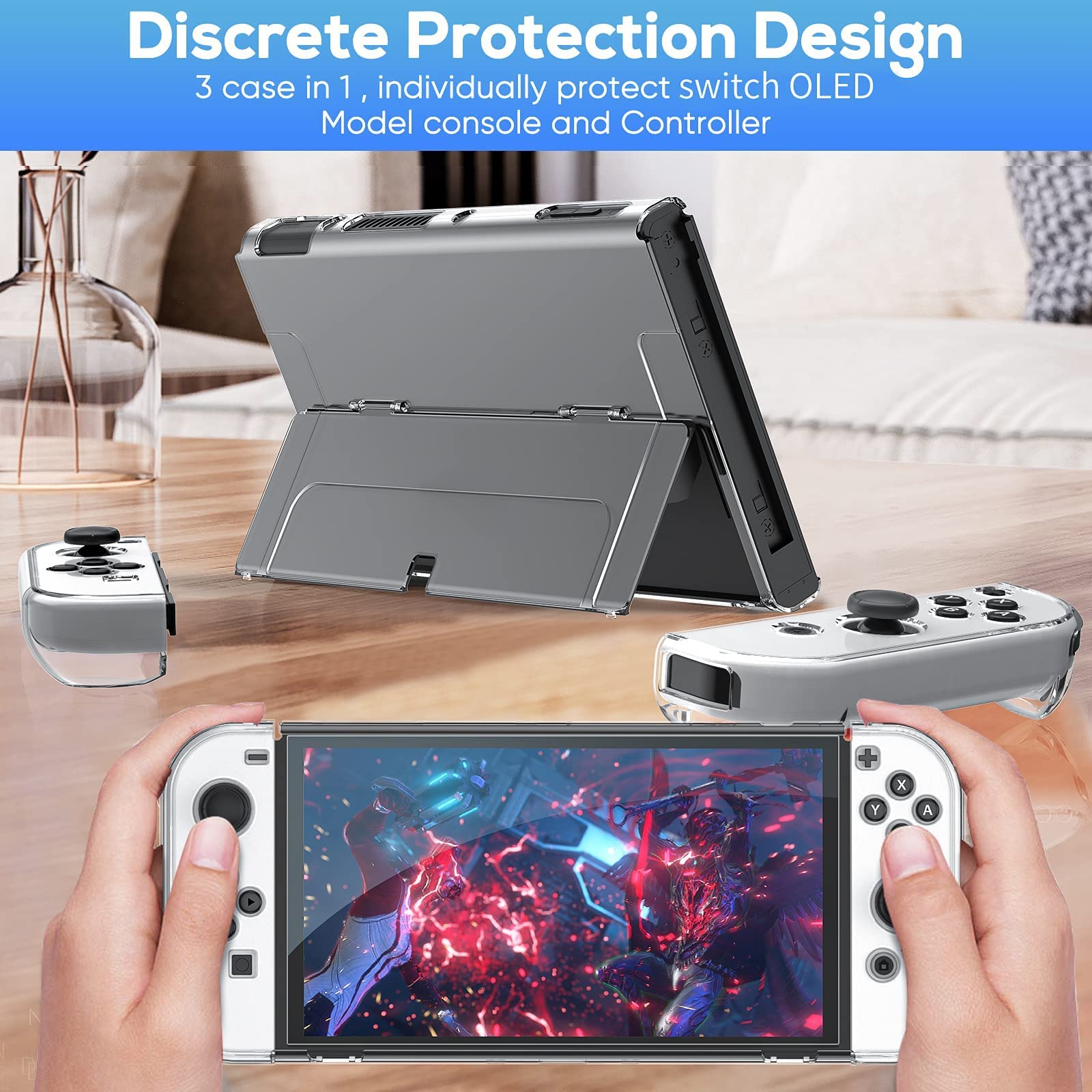 [3in1]Protective Case Compatible with Nintendo Switch OLED Model, Dockable Case Hard PC Clear Cover for Console and Joycon, with Temper Glass Screen Protector& 8 Thumb Stick Caps for Switch OLED Model