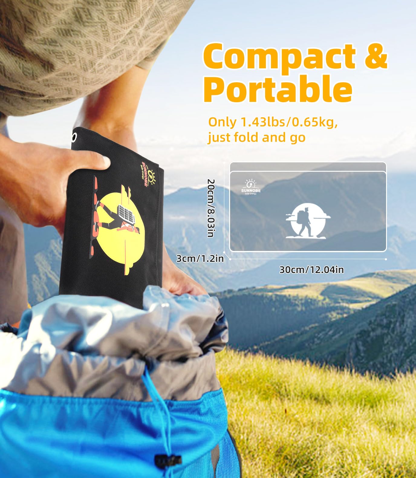 [Lightweight Upgraded]SUNNOBE Portable Solar Panel with 3-IN-1 Cable, Dual USB-A Ports, Foldable 30W Solar Panel Charger with Digital Ammeter for Camping&Hiking, Compatible with iPhone, iPad, Samsung