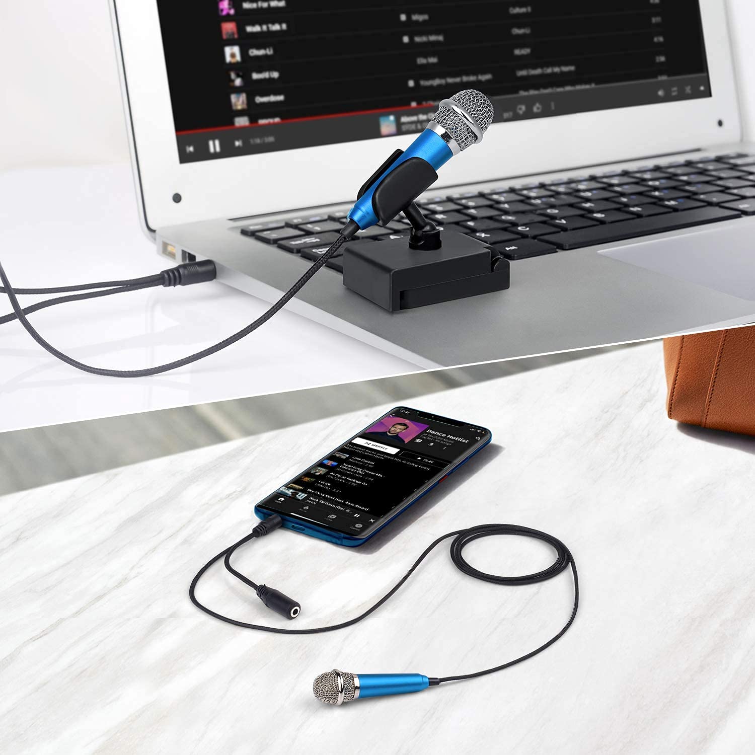 [2PCS] Mini Microphone,Tiny Microphone,Mini Karaoke Microphone for Mobile Phone Laptop Notebook Apple iPhone Sumsung Android with Holder Clip (Silver/Blue)