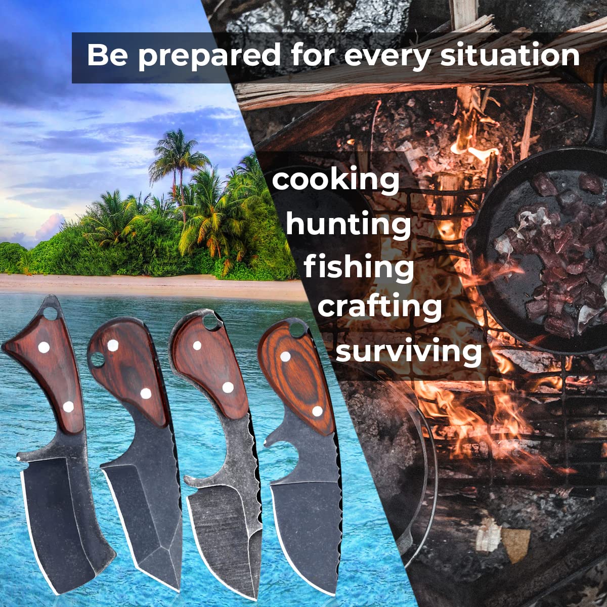 [4 Knives Set] for Outdoor, Survival, Hunting & Camping from Hard Steel fixed Blades, Wooden Handle, Full Tang + 4 Sheaths