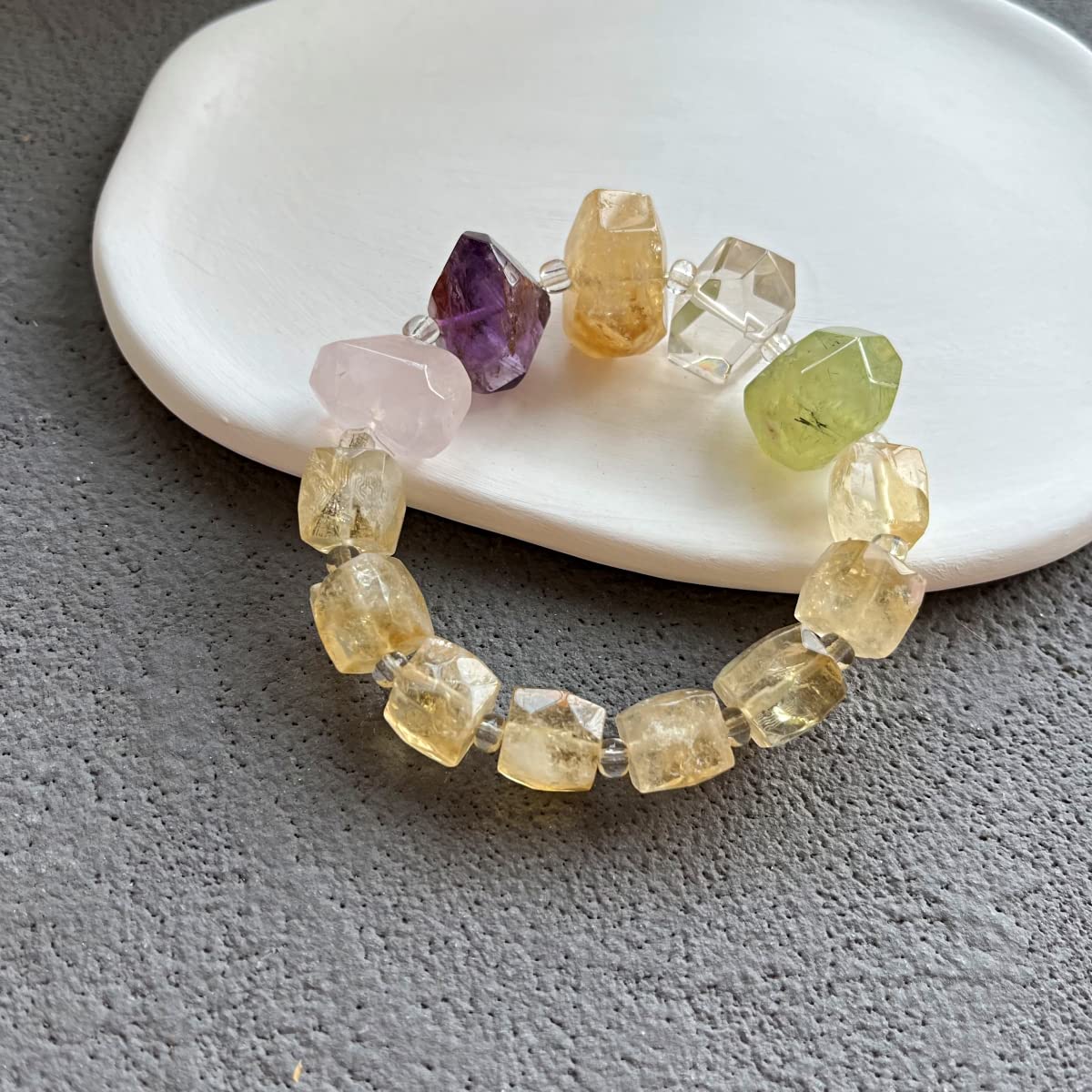 [Amber Crystal]Healing Natural Raw Stone Prehnite Cube Citrine Amethyst Crystal Stretch Bracelet, 6inch(Wrist Circumference)