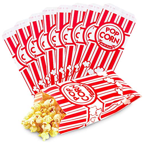 [300 Pack] Popcorn Bags 1 oz - Small Disposable Paper Popcorn Container, Red and Kraft Striped Leak Proof Flat Bottom for Movie Night Snacks, Concessions, Birthday Party, Circus Carnival Decorations