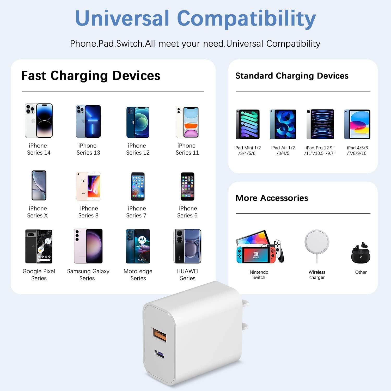 [Apple MFi Certified] 2Pack iPad Fast Charger, 12W USB Wall Fast Charger Block Foldable Portable Travel Plug with 2-Pack Lightning Cable for iPad, iPad Mini, iPad Air, iPhone 14/13/12/11/XR/8/Airpods