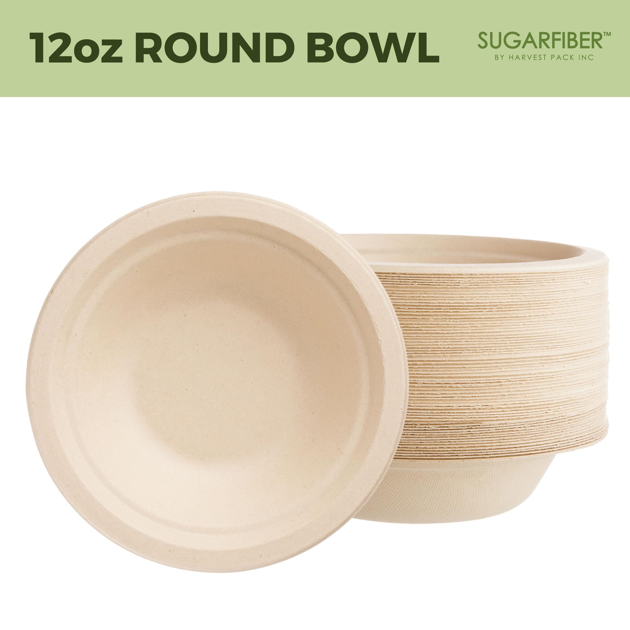 [50 Count] Harvest Pack PFAS Free 12oz Round Paper Bowls - Compostable Heavy-Duty Eco-Friendly Disposable Bagasse Bowls Sugarcane Natural Plant fibers for Meal Prep Takeout Dinnerware