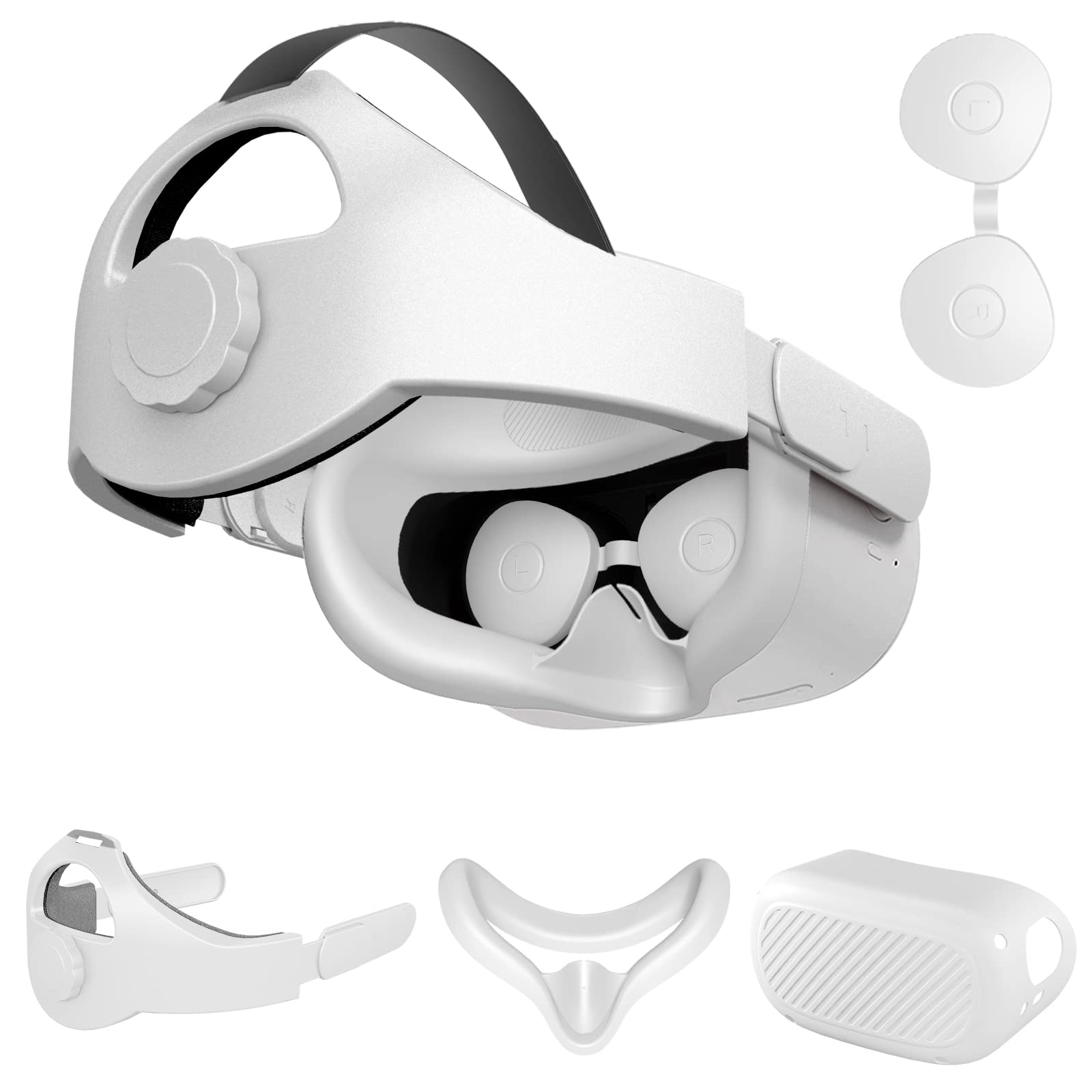 [3 Color] SUIHUOJI Oculus Quest 2 Head Strap Replacement, 5 in 1 Silicone Accessories Kits, Lens Protective Cover/Silicone Face Pad Cover/VR Shell Protector Cover for Quest 2 Headset (White)