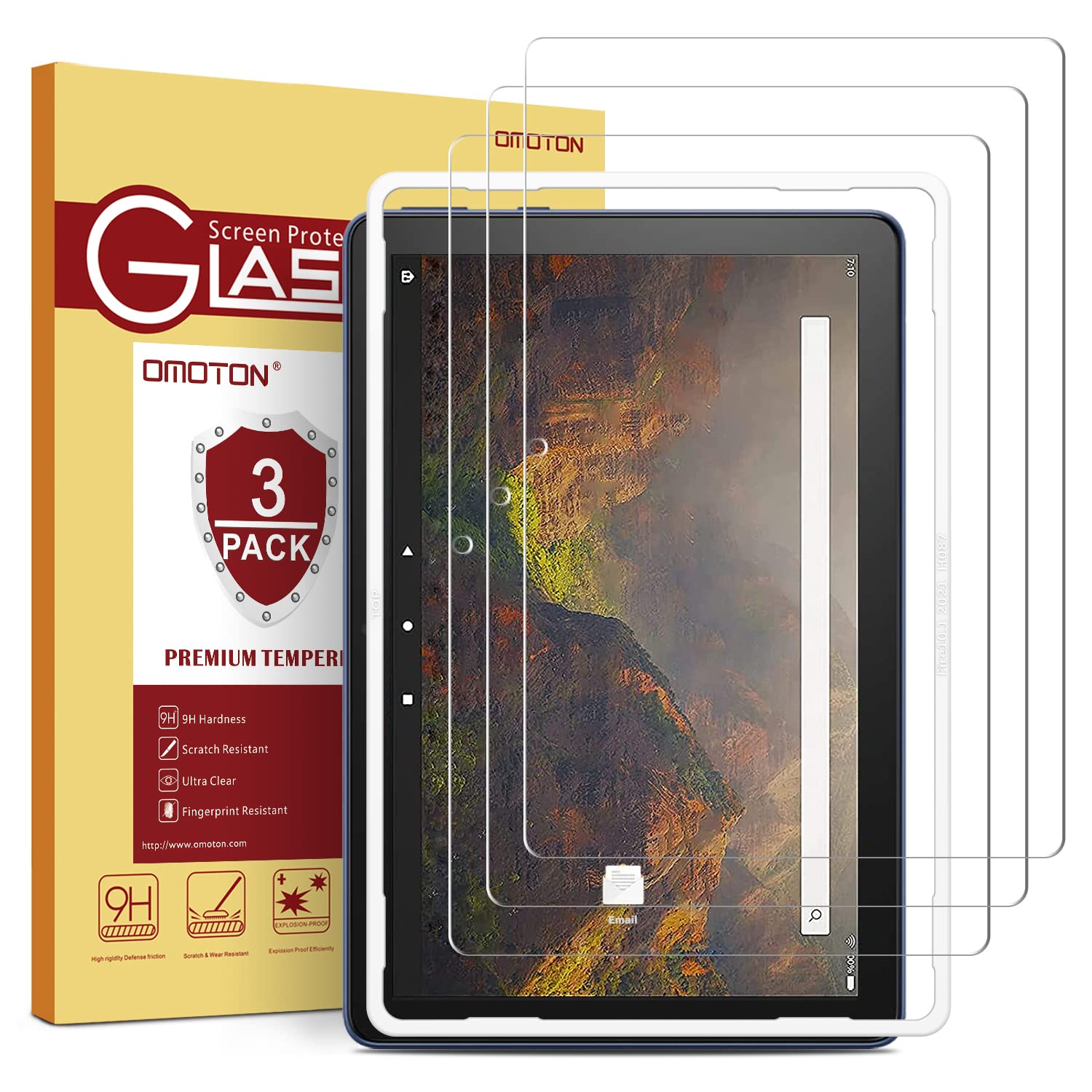 [3 pack] OMOTON Screen Protector for All-New Fire HD 10 2021/Fire HD 10 Plus/Fire HD 10 Kids/Fire HD 10 Kids Pro Tablet 2021 Released, [Tempered Glass][High Definition] [ 9H Hardness]