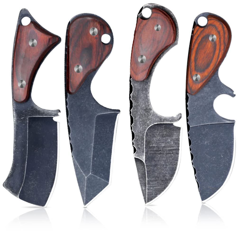 [4 Knives Set] for Outdoor, Survival, Hunting & Camping from Hard Steel fixed Blades, Wooden Handle, Full Tang + 4 Sheaths