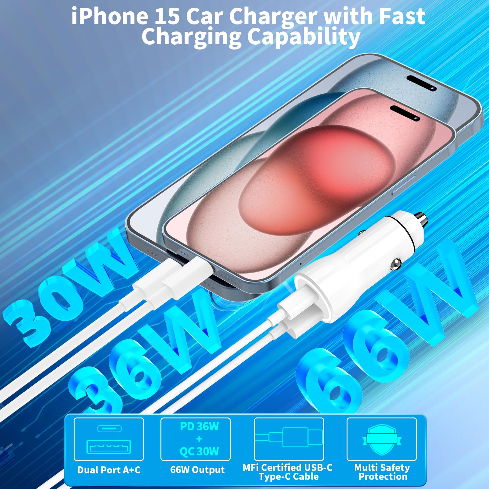 [Apple MFi Certified] iPhone 15 Fast Car Charger, KASHIMURA 66W Type-C Power PD&QC3.0 Cigarette Lighter USB Charger Adapter + 2Pack USB-C Charge Cable for iPhone 15 Plus/15 Pro/15 Pro Max/iPad/AirPods