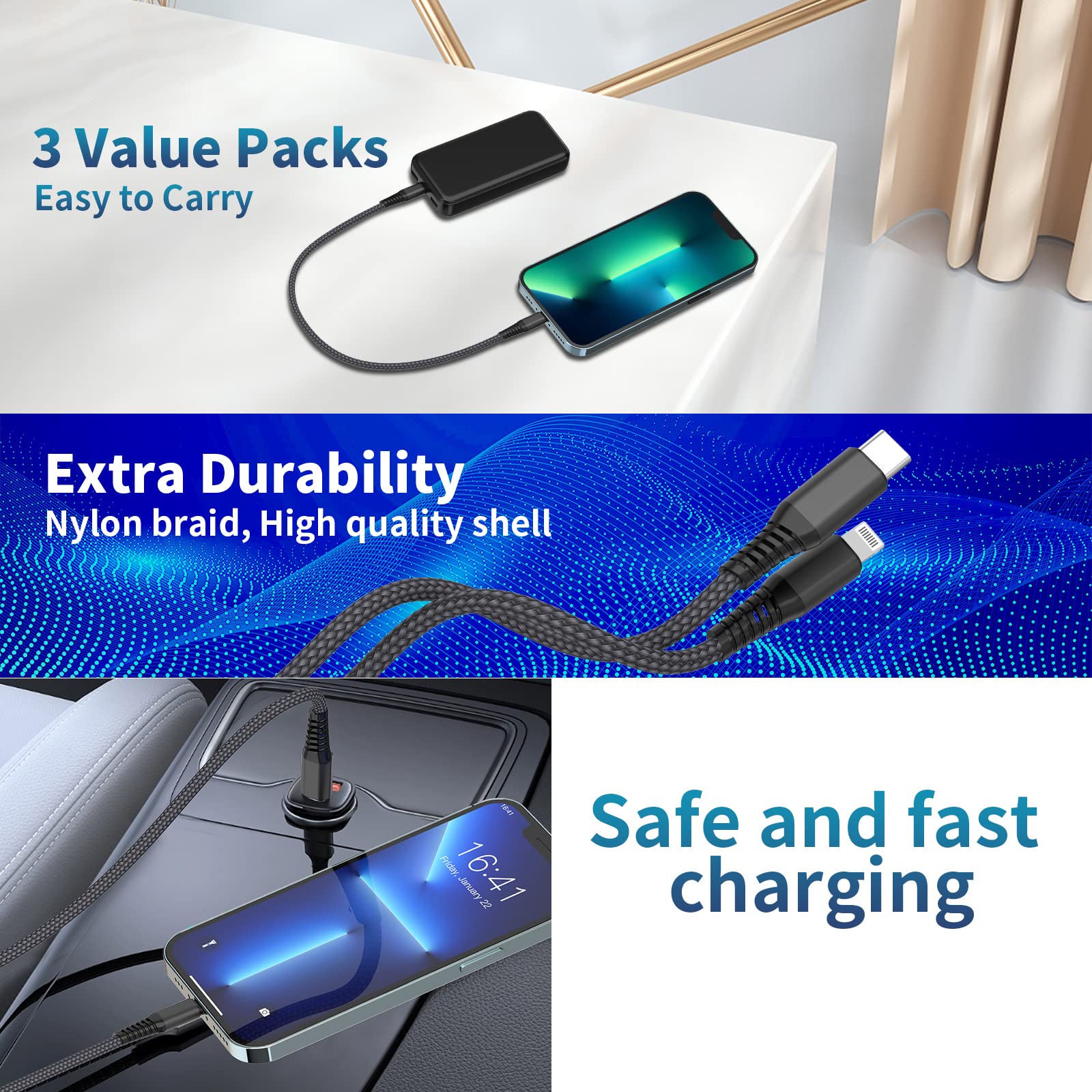 [Apple MFi Certified] Short USB-C to Lightning Cable (3Pack 0.6FT), iPhone Fast Charger Power Delivery Charging Nylon Braided Cord High Speed Data Sync for iPhone 14 13 12 11Pro XS XR X 8 iPad (Black)