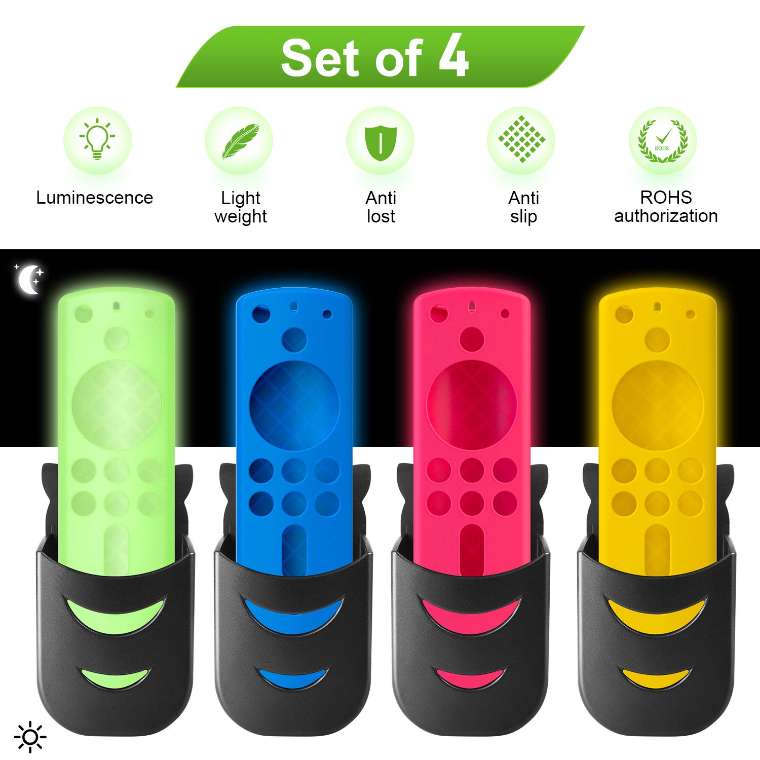 [4 Sets] 4 Glow Remote Covers and 4 Remote Holders, Silicone Remote Cover for Fire TV Stick 4K, Fire TV Stick (2nd Gen), Fire TV (3rd Gen) Remote Cover, Anti Slip Protective Remote Case 4 Colors