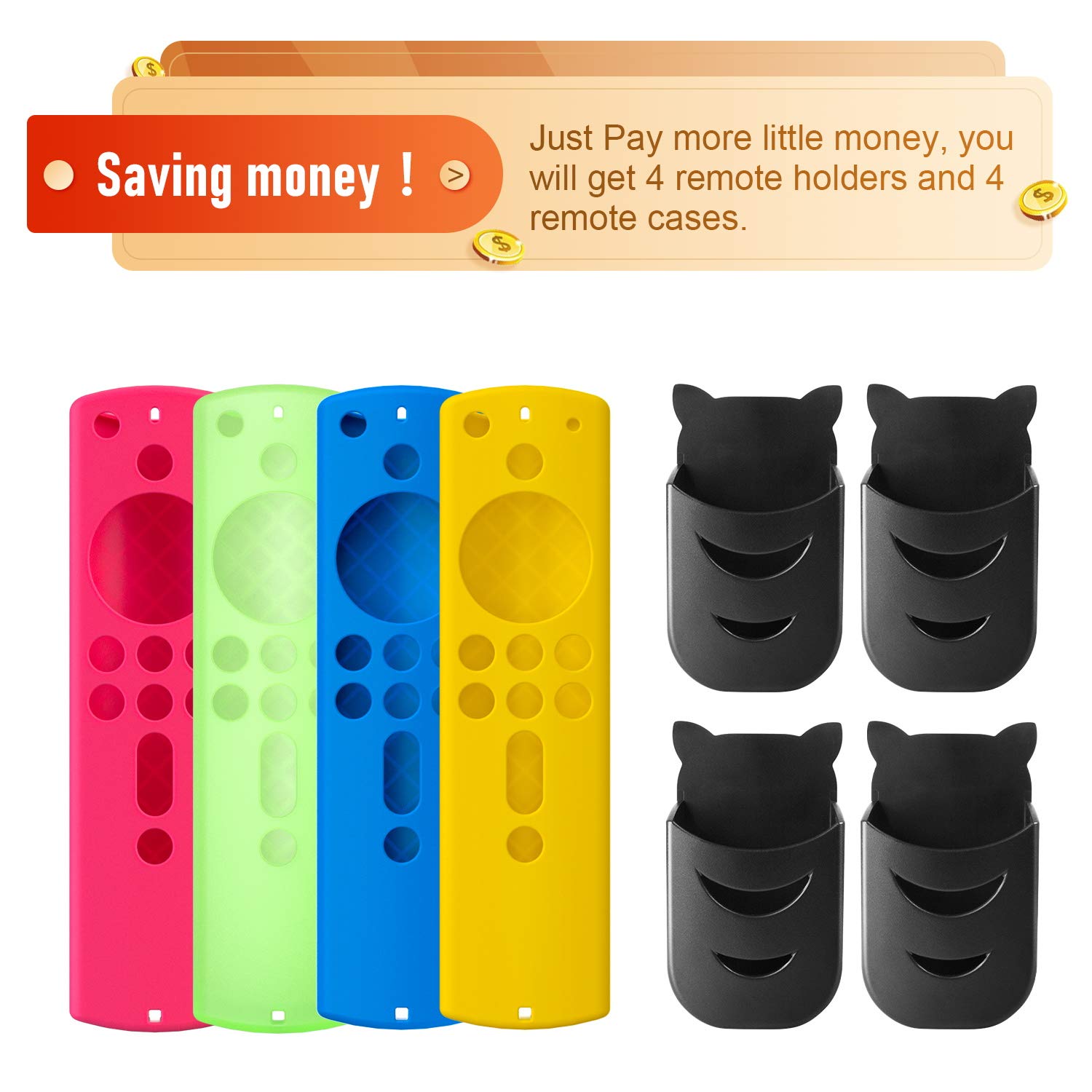 [4 Sets] 4 Glow Remote Covers and 4 Remote Holders, Silicone Remote Cover for Fire TV Stick 4K, Fire TV Stick (2nd Gen), Fire TV (3rd Gen) Remote Cover, Anti Slip Protective Remote Case 4 Colors