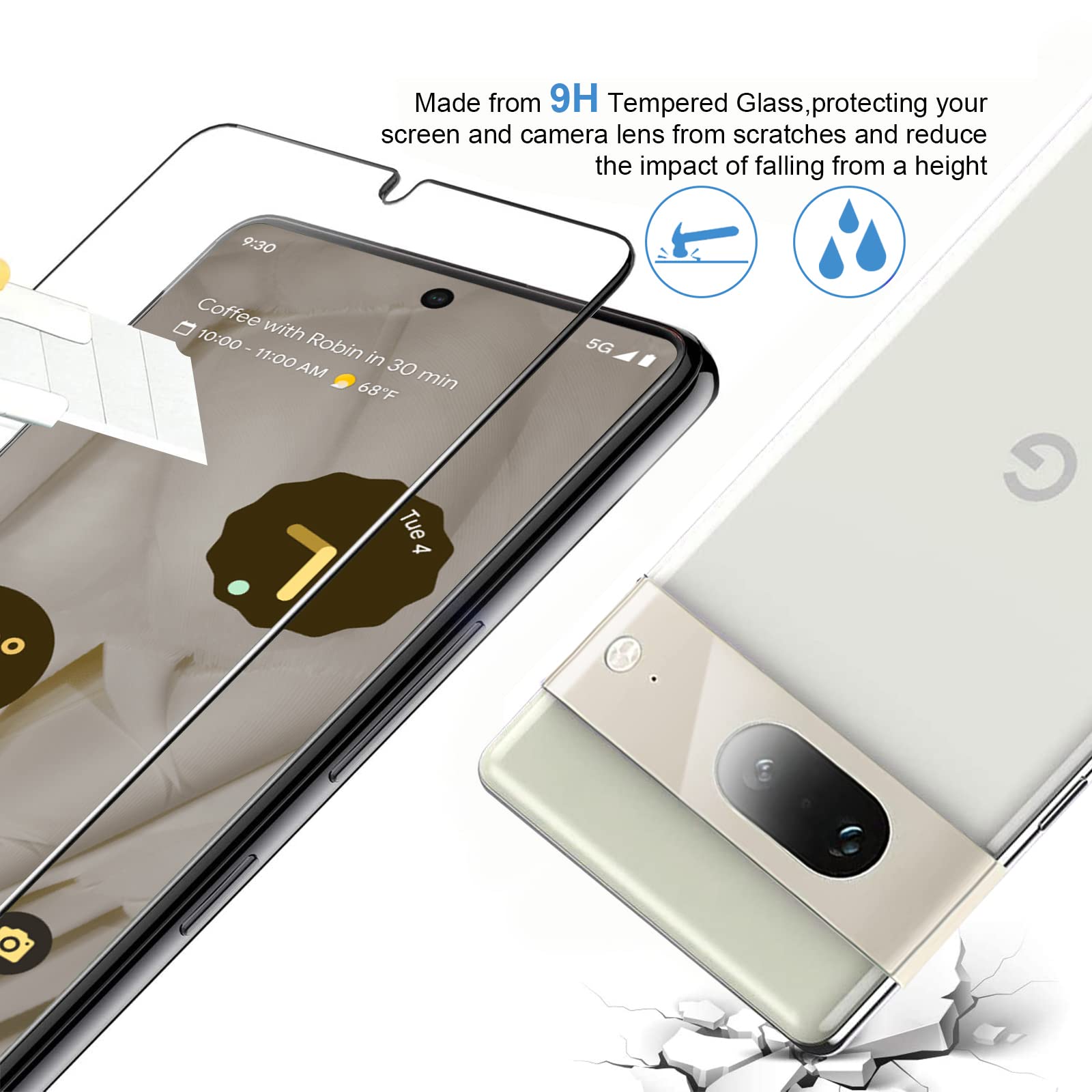 [4+3Pack] Glass Screen Protector for Google Pixel 7 5G, 9H Tempered Glass, Ultrasonic Fingerprint Compatible,HD Clear Case Friendly
