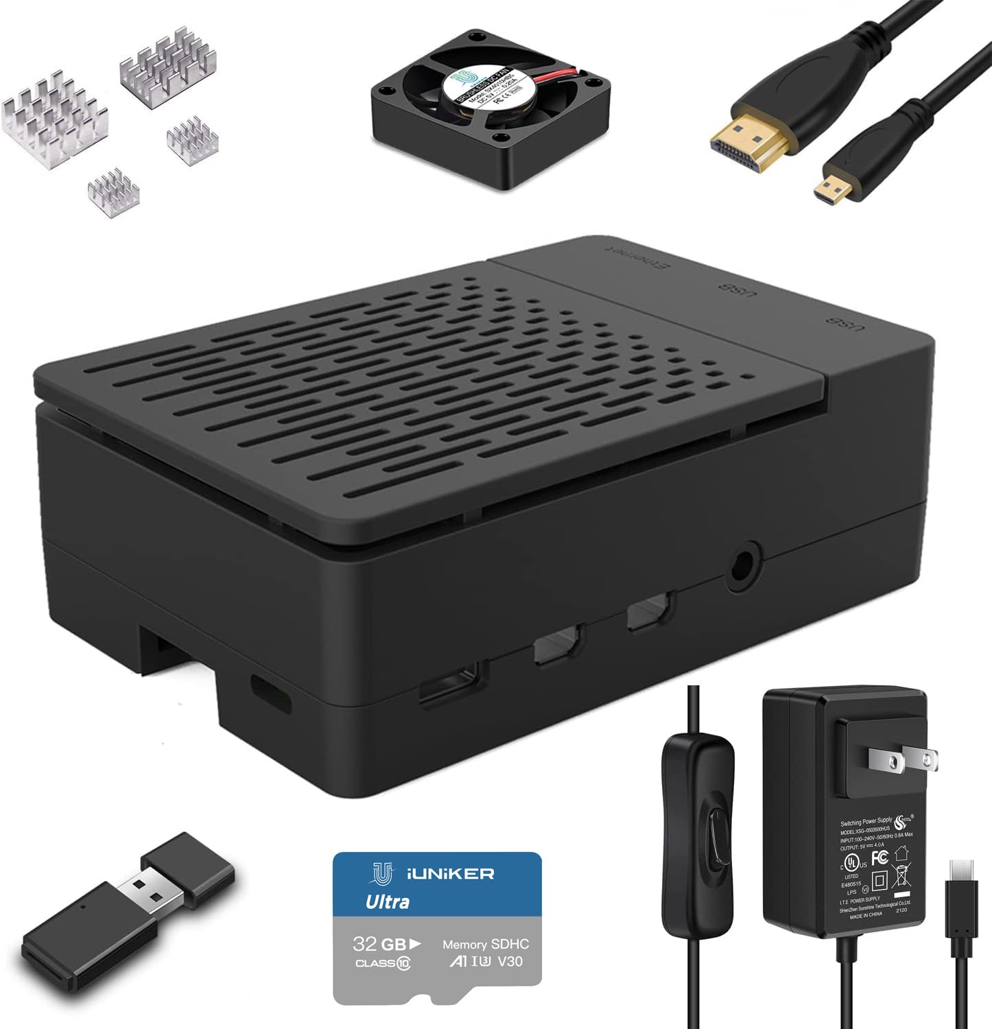 [20W 5V 4A] Raspberry Pi 4 Case, iUniker 20W 5V 4A USB C Raspberry Pi 4 Power Supply with Switch Heatsink 40mm Cooling Fan, 32GB Card, Card Reader, 4K Hdmi Cable for Pi 4 8gb/4gb/2gb
