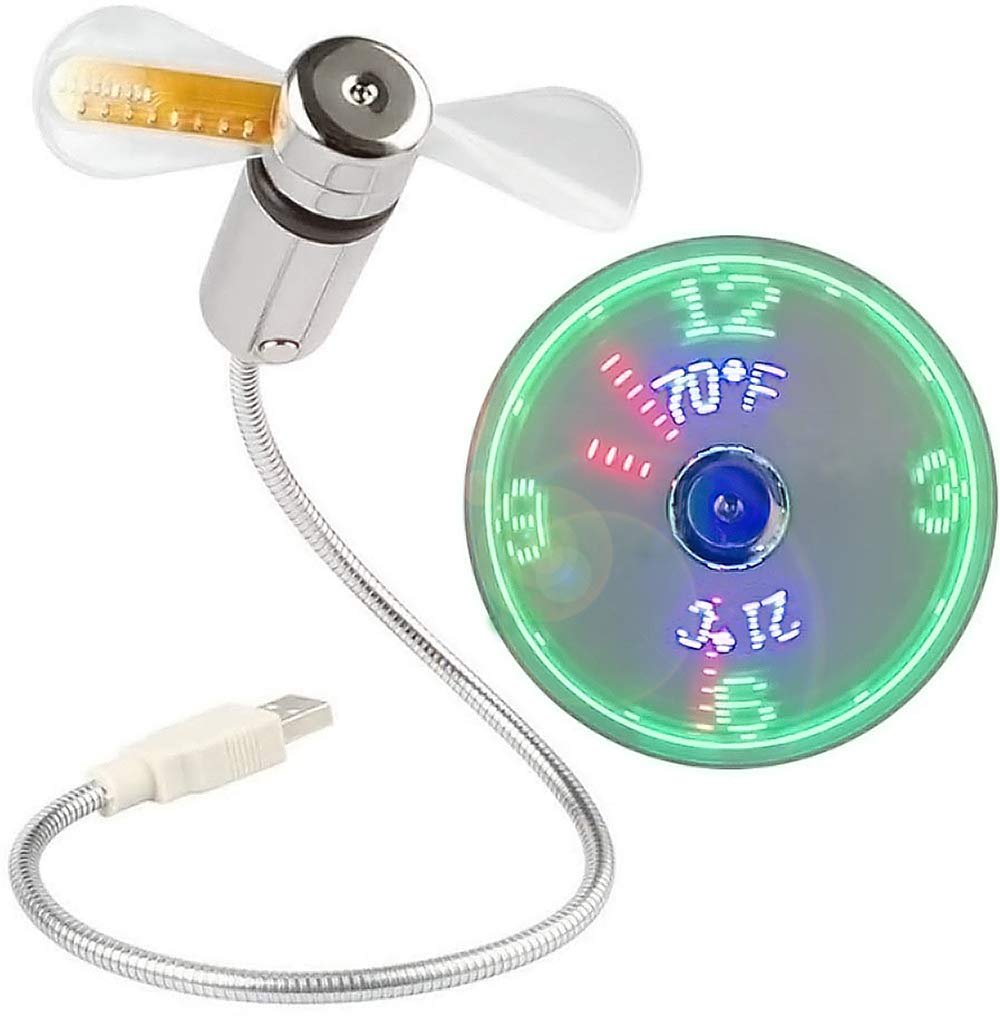 [New] USB LED Clock Fan with Temperature, Mobile USB Real Time Fan Fahrenheit and Celsius Display Portable Cooling Mini USB Quiet Gooseneck Fan for Office, Home & Travel (TC)