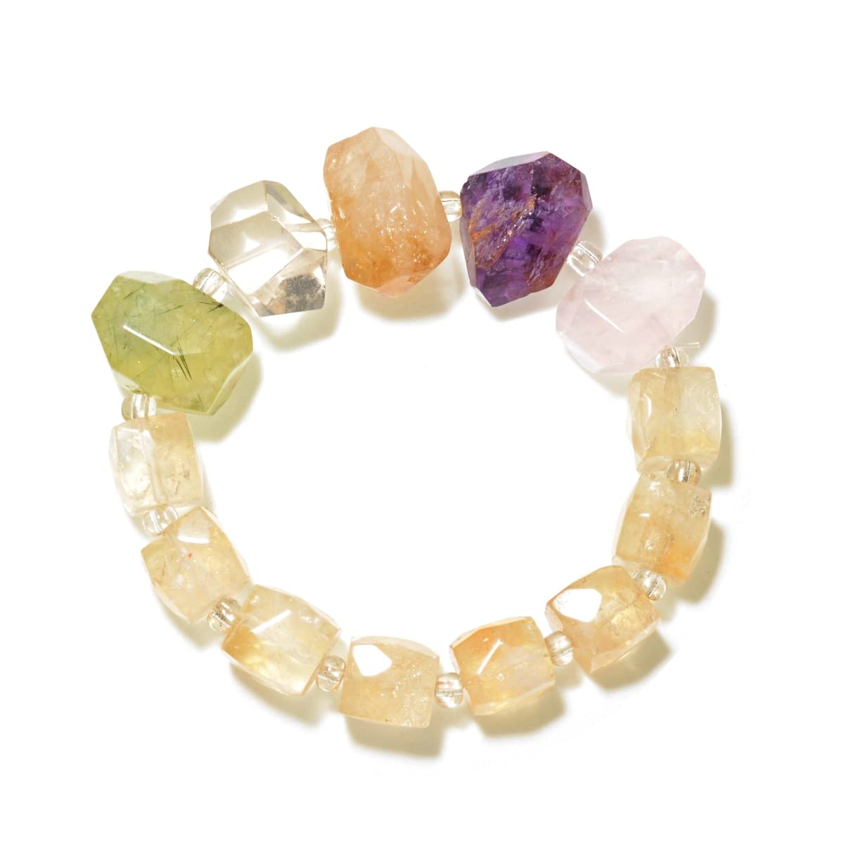 [Amber Crystal]Healing Natural Raw Stone Prehnite Cube Citrine Amethyst Crystal Stretch Bracelet, 6inch(Wrist Circumference)