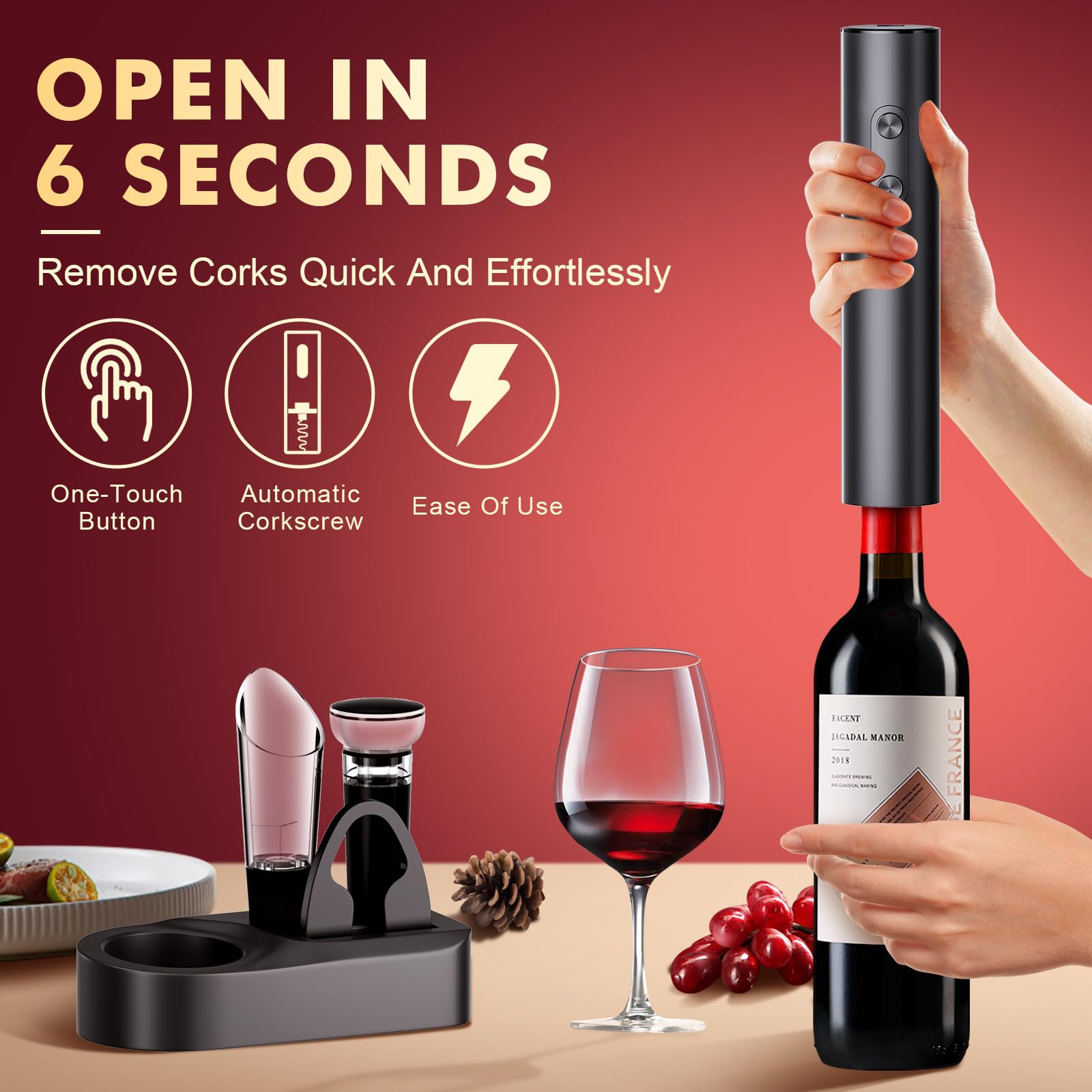 [5-IN-1] Electric Wine Opener, Battery Operated Wine Bottle Opener with Foil Cutter, Wine Aerator, Vacuum Stopper&Storage Base, Automatic Corkscrew, Ideal Wine Accessories for Wine Lovers, Matt Black