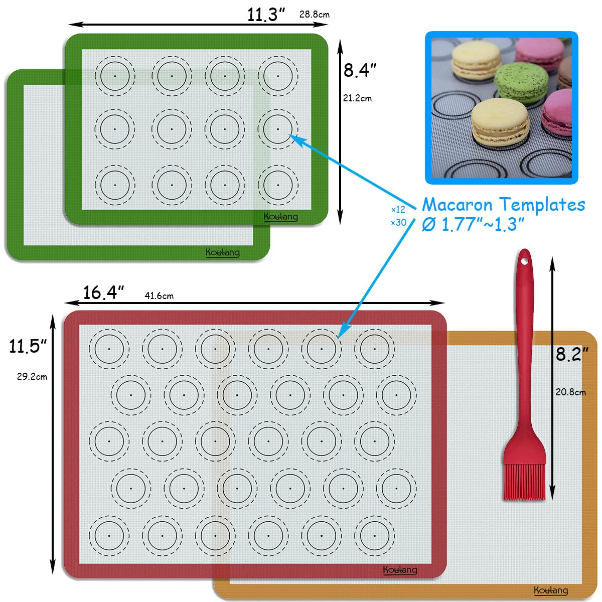 [5 Pack]Silicone Baking Mats Set, Non-Stick Food-Grade Safe Baking Supplies for Macarons/Cookies: 2 Half-Sheet Size+2 Quarter Size+1 Oil Brush[Extra Thick]