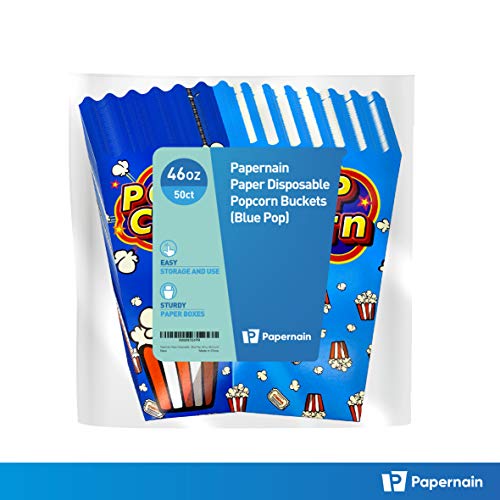 [46 oz, 50-Count, Blue Pop] Papernain Paper Popcorn Boxes, Disposable Buckets