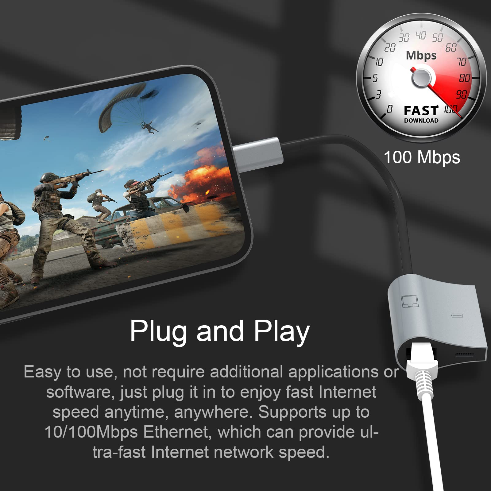 [Apple MFi Certified] 2 in 1 RJ45 Ethernet LAN Network Adapter, Lightning to RJ45 Ethernet Adapter with Charge Port Compatible with iPhone/iPad/iPod, Plug and Play, Supports 100Mbps Ethernet Network