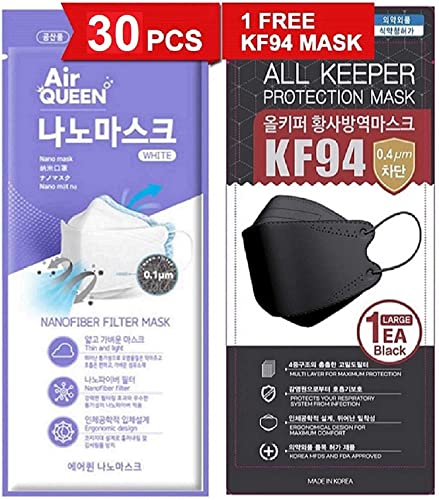 [30 Pack] [Air Queen] White 3-Layers Face Safety Mask for Adult + 1 [Black] All Keeper KF94 Mask [Individually Packaged] [Both Made in KOREA]