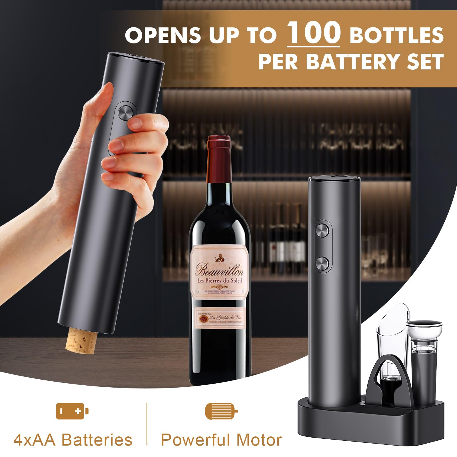 [5-IN-1] Electric Wine Opener, Battery Operated Wine Bottle Opener with Foil Cutter, Wine Aerator, Vacuum Stopper&Storage Base, Automatic Corkscrew, Ideal Wine Accessories for Wine Lovers, Matt Black