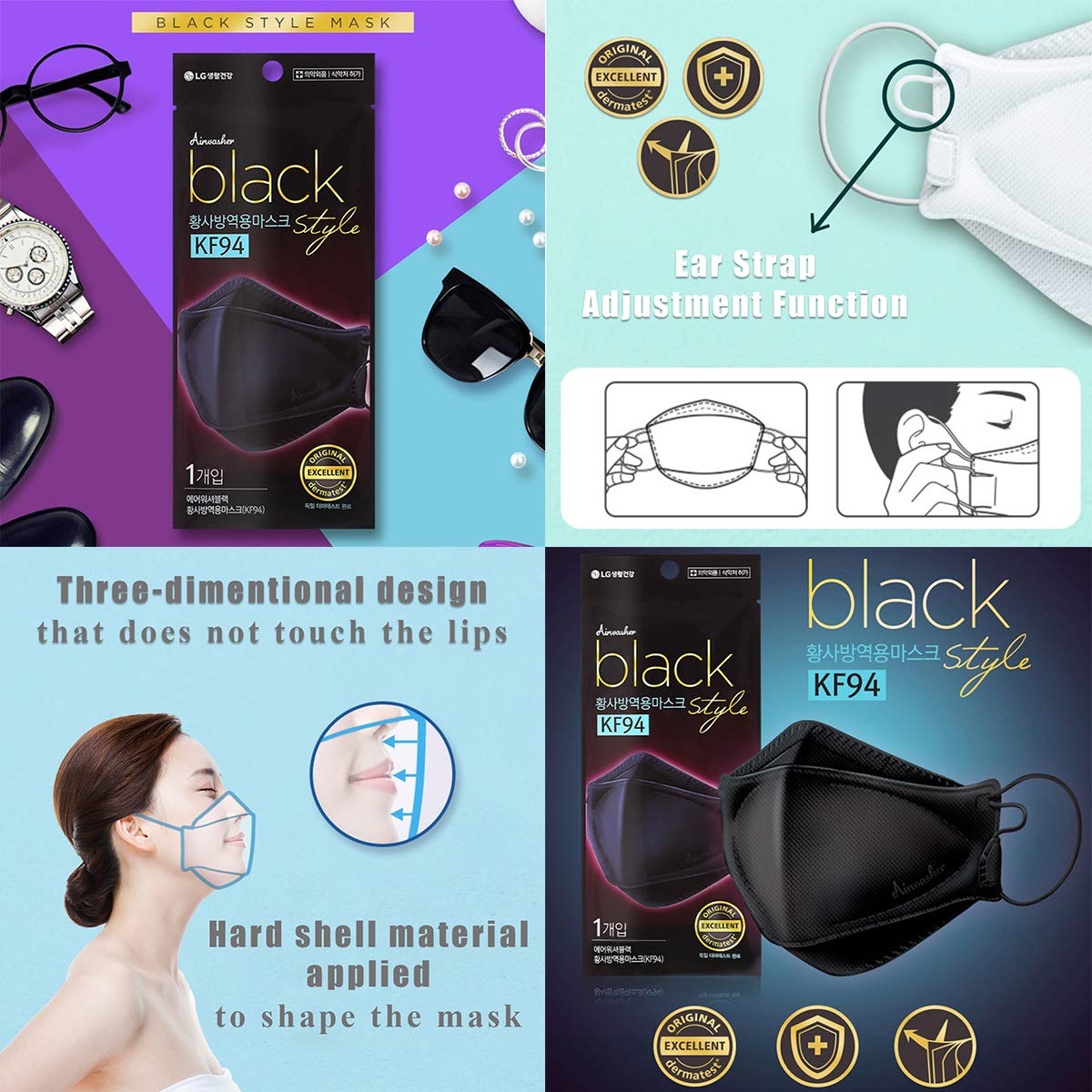 [Airwasher] KF94 Disposable Face Mask - Made in Korea, Black Breathable Reusable Face Mask, Individually Wrapped 4-Ply Adjustable Cloth Masks, 20 Pack