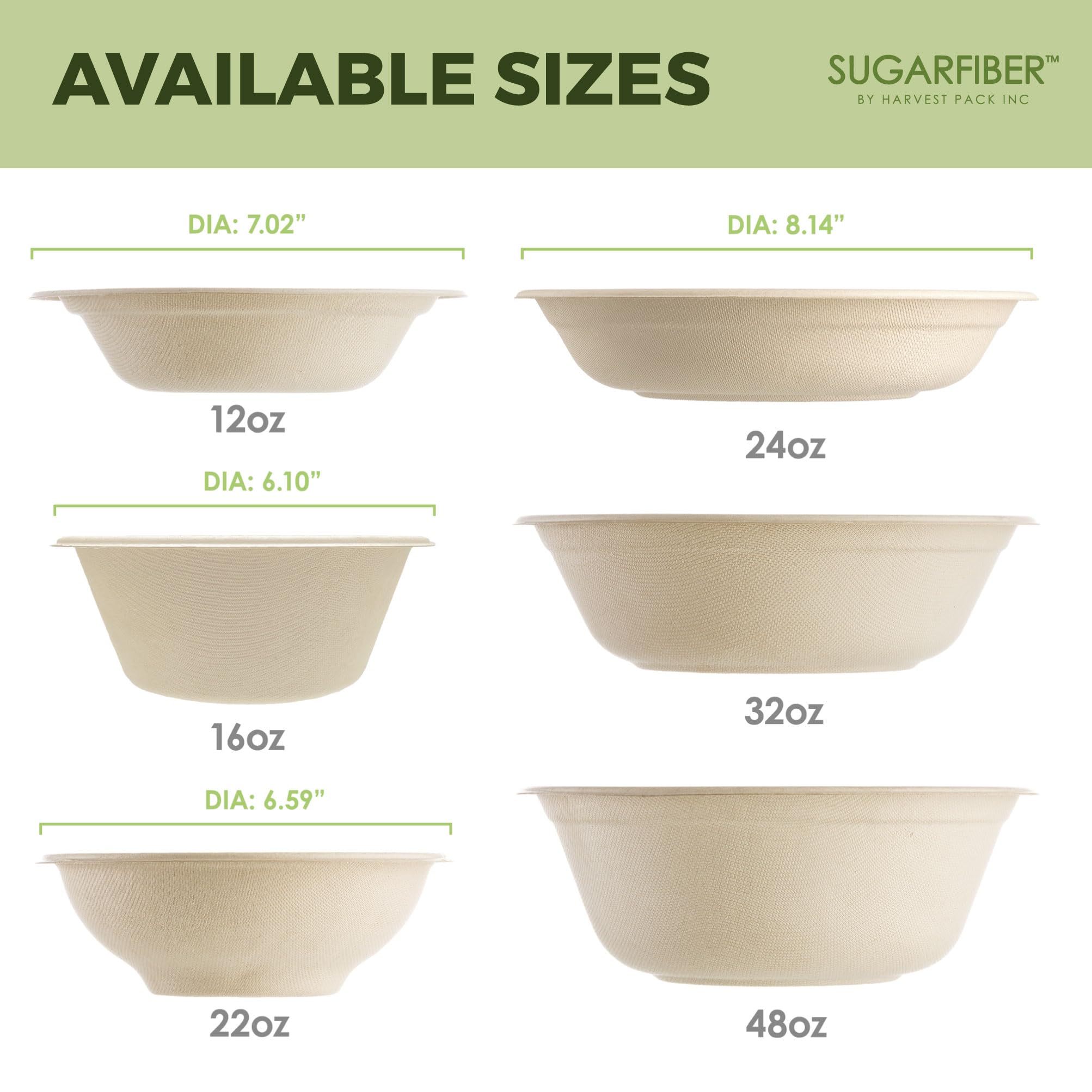 [50 Count]Sugarfiber by Harvest Pack 32oz Round Paper Bowls - Compostable Heavy-Duty Eco-Friendly Disposable Bagasse Bowls Sugarcane Natural plant fibers for Meal Prep Takeout Dinnerware