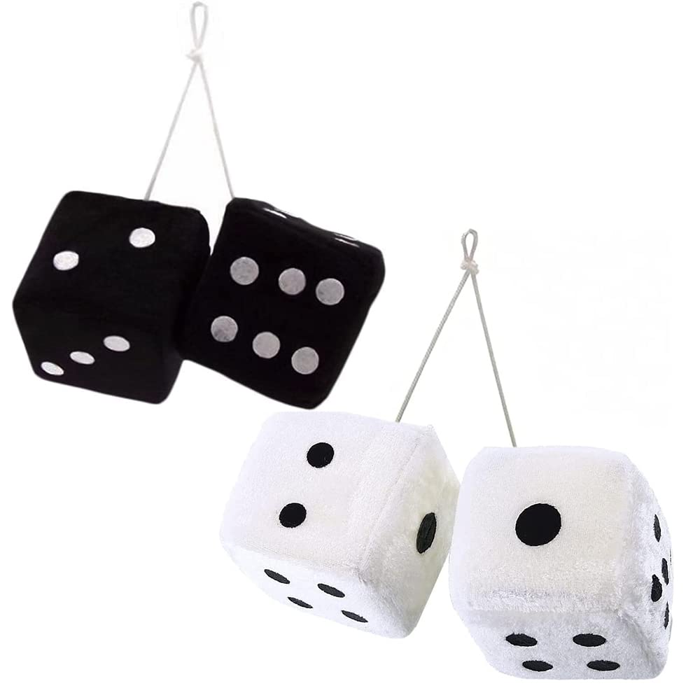 [4 DICE 2 Pack] Retro Hanging Dice for Car Mirror Black and White (Nostalgic 80’s Fuzzy Car Dice for Mirror) Plush Car Accessories (Set of 2)