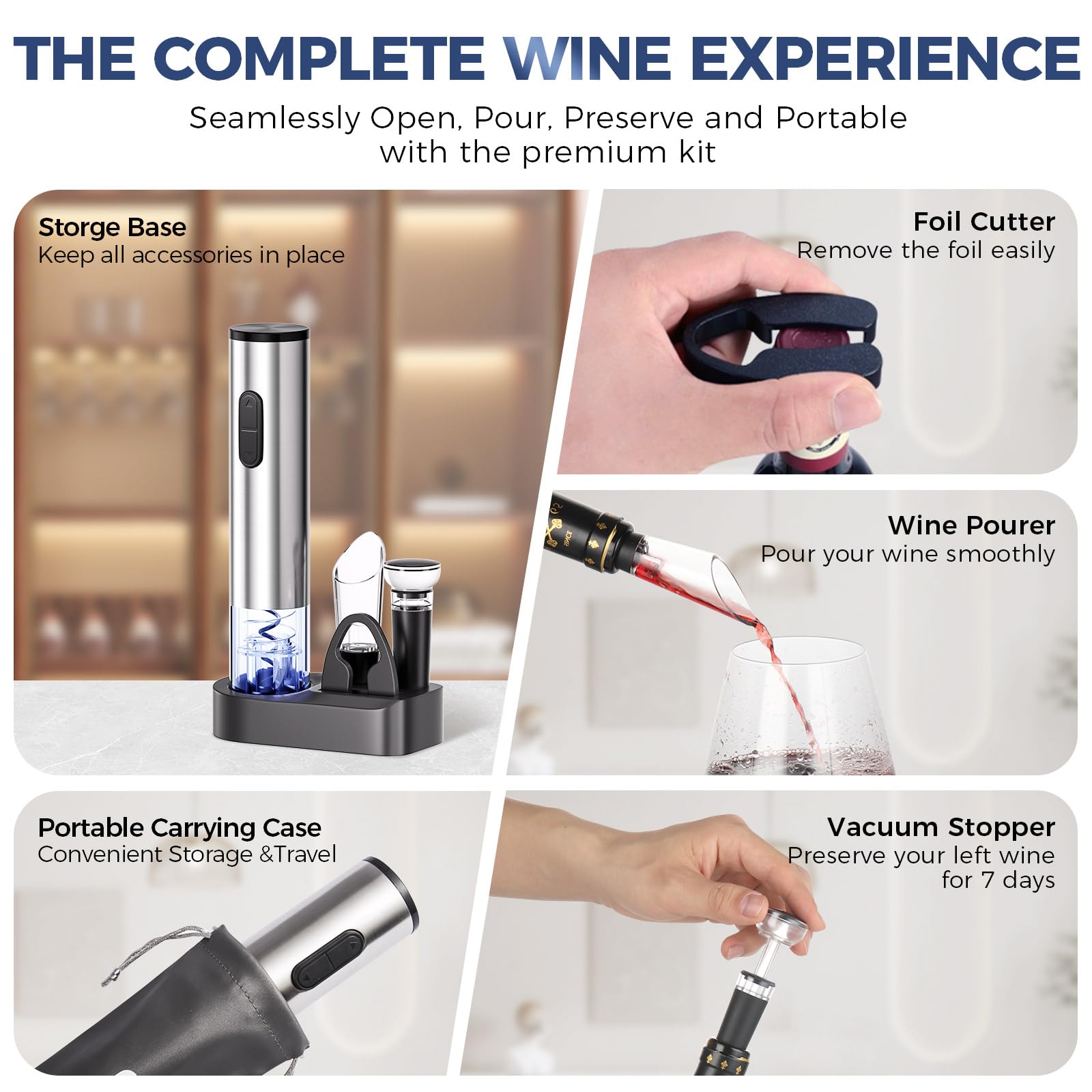 [6-IN-1] Electric Wine Opener, Battery Operated Wine Bottle Opener with Foil Cutter, Wine Aerator, Vacuum Stopper, Storage Base & Carrying Case, Ideal Wine Accessories for Wine Lovers, Stainless Steel