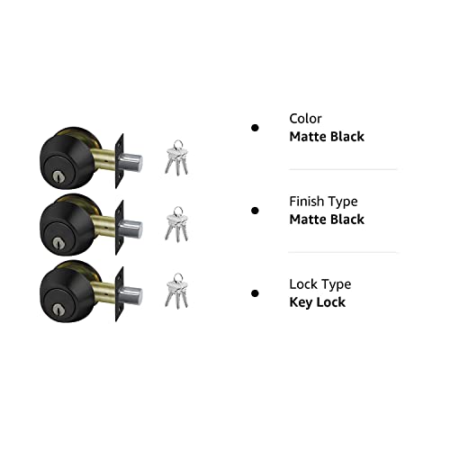 [3 Pack] BESTTEN Keyed Alike Deadbolt, Single Cylinder Door Lock with Same Key, 9 Keys Included, Matte Black Finish