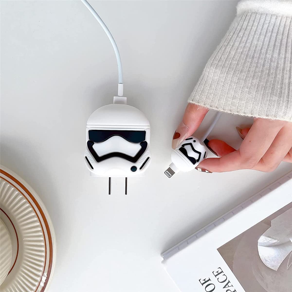 [2Pack] Protective Case for iPhone 20W USB-C Power Adapter USB Lightning Cable, Cute Cartoon Series Soft Silicone Fast Lightning Chargers Cable Protective Cover for iPhone Charger (Black Knight/White)