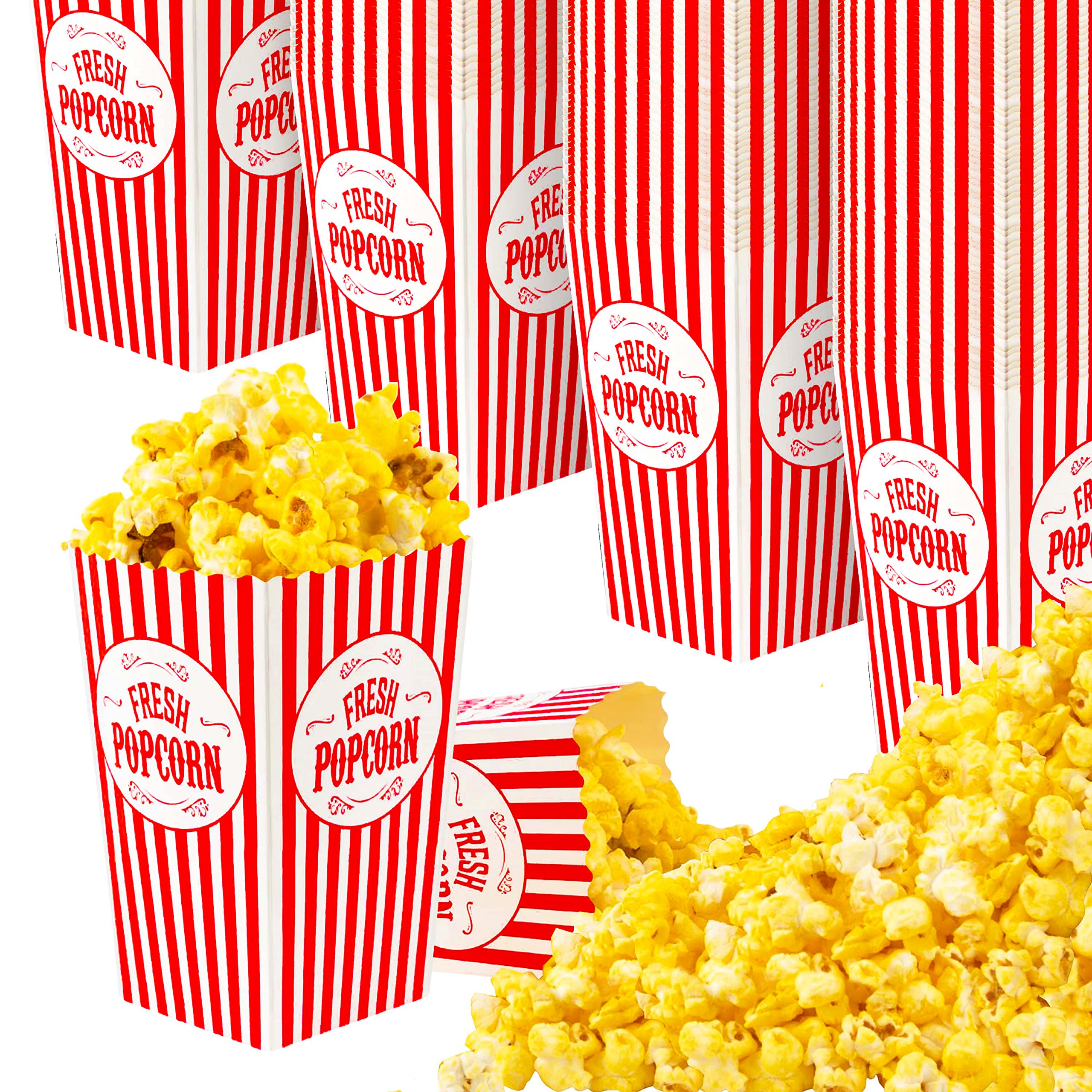 [50 Pack] Movie Theater Popcorn Boxes Disposable Red & White Striped - 30 oz Capacity - Vintage Snack Box Concession and Carnival Party Supplies, Individual Popcorn Bucket Containers