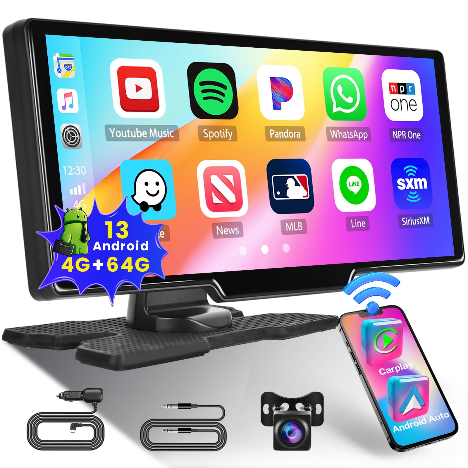 [4G+64G] Android 13 Car Stereo Portable Wireless Apple CarPlay & Android Auto Car Screen, 10.26 Inch HD Touchscreen Portable Car Radio with GPS Navigation WiFi Bluetooth Voice Control