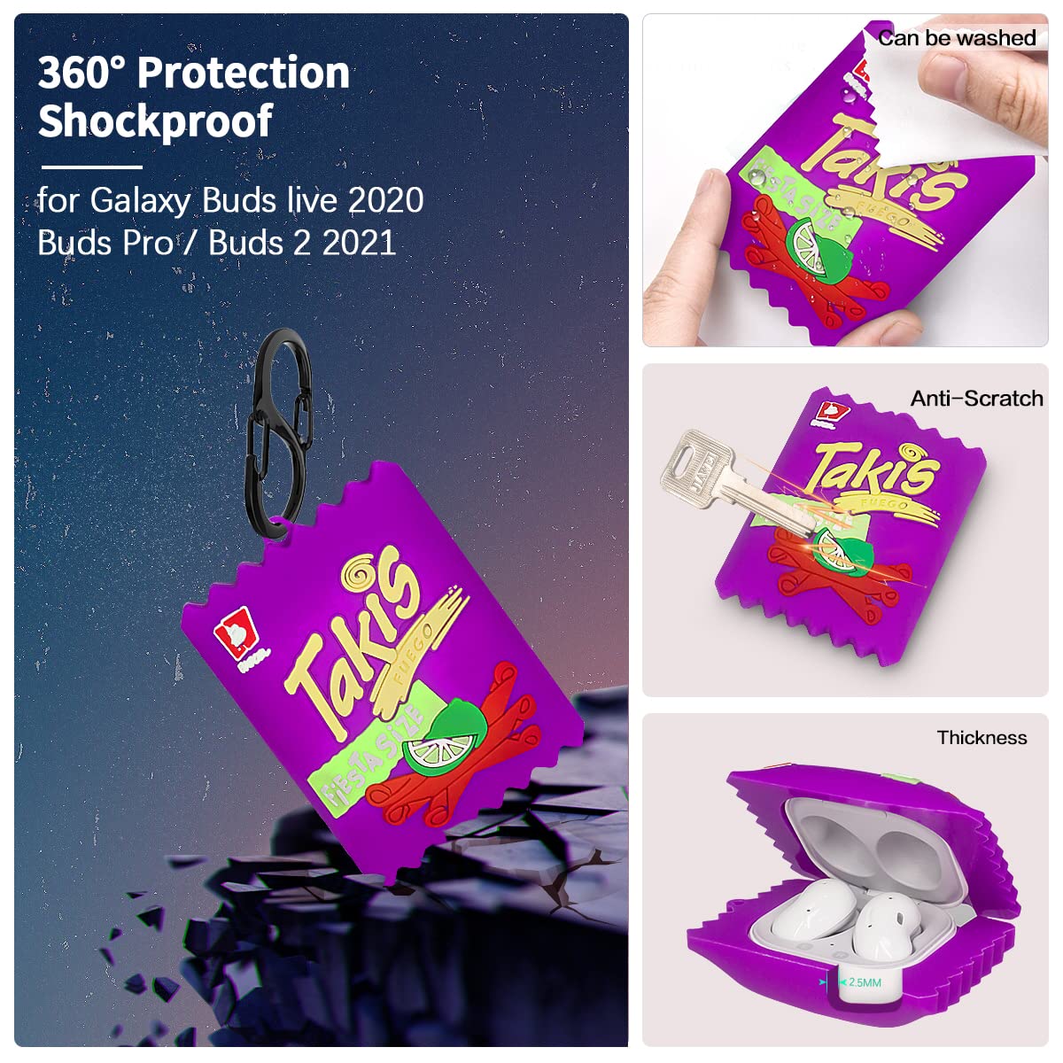 [2Pcs] Cute Case for Galaxy Buds Live Case 2020/Galaxy Buds Pro Case/Galaxy Buds 2 Case 2021, Cute 3D Fun Fashion Food Design Silicone Protective Skin for Girl Boys(Bubble Gum+Purple Potato Chips)
