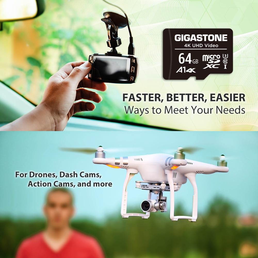 [Gigastone] 64GB 5-Pack Micro SD Card, 4K UHD Video, Surveillance Security Cam Action Camera Drone Professional, 90MB/s Micro SDXC UHS-I A1 Class 10, with Adapters