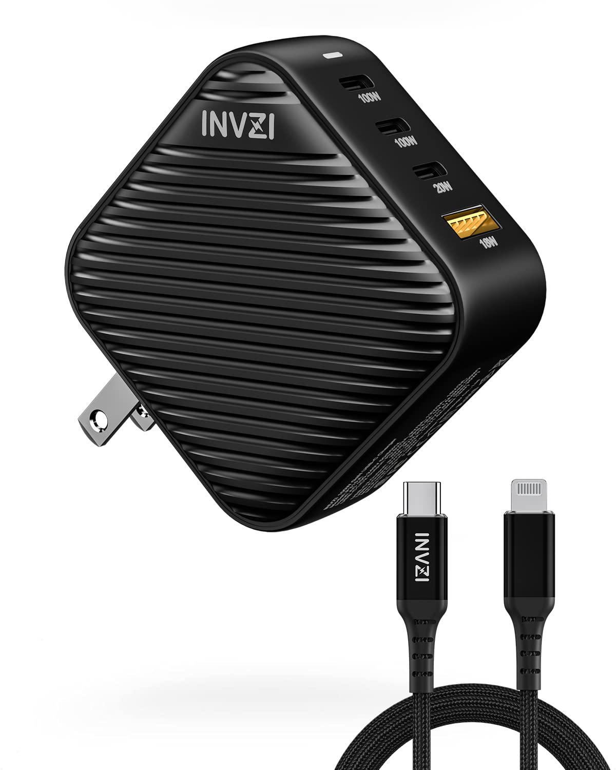 [Bundle] INVZI 100w GaN USB-C Charger 4-Port and USB-C to Lightning Cable for MacBook Pro Air, iPad Pro Air, iPhone 13 12 11 Pro Max